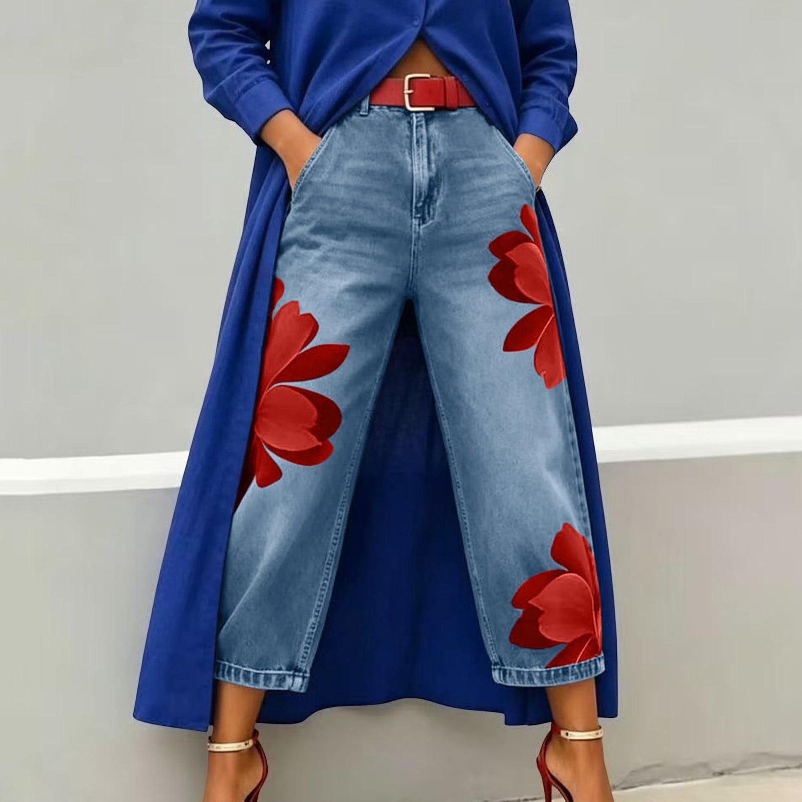 Asgosdo Women Jeans High Waisted Floral Print Wide Leg Trendy Going Out ...