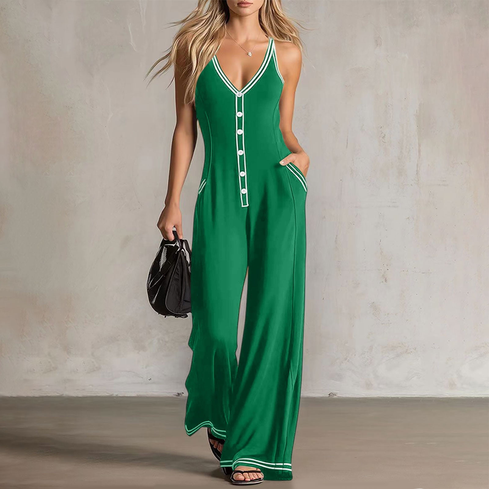 Asgosdo Women Overalls V Neck Sleeveless Button Color Block Wide ...