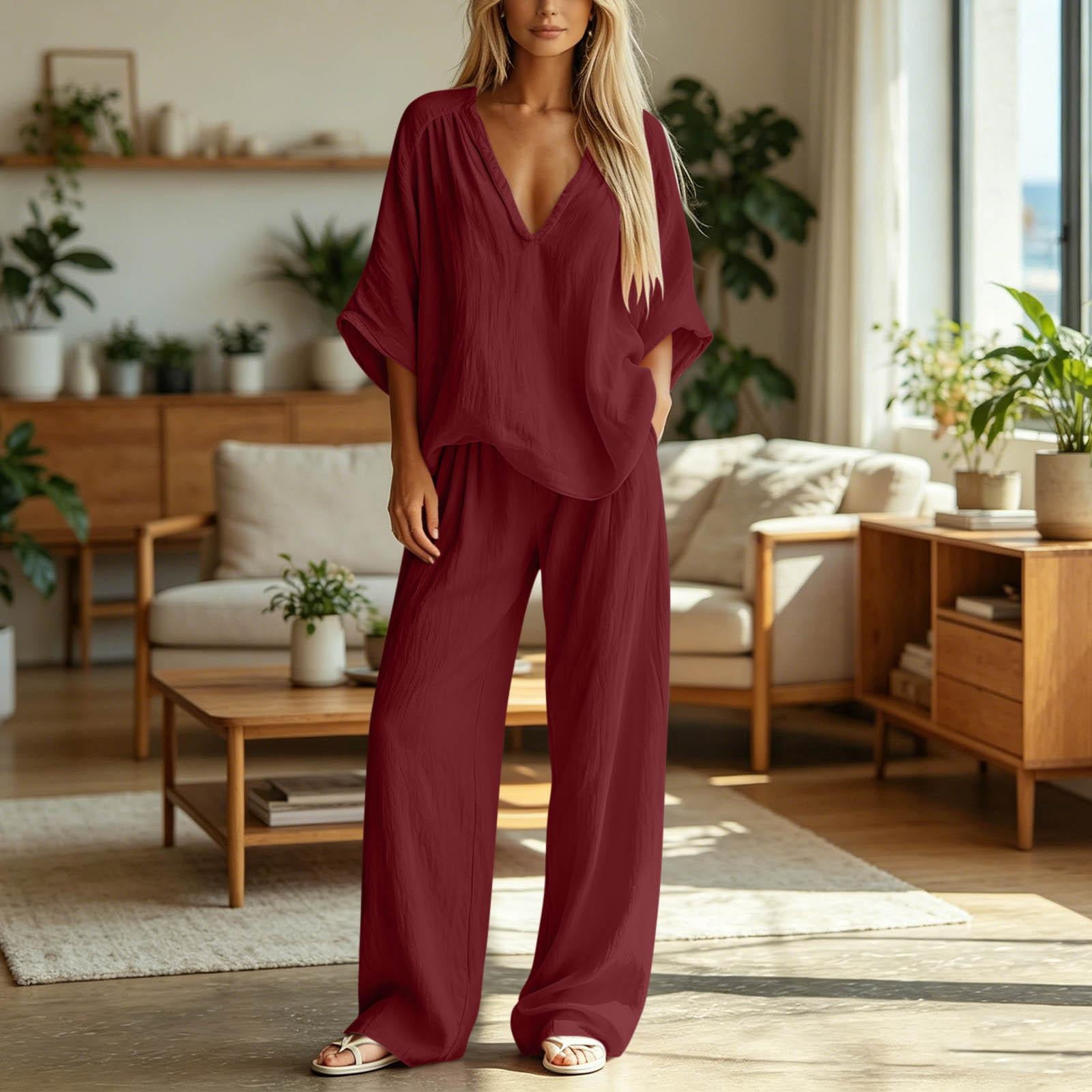 Asgosdo Women Pajamas 2 Piece Sets Deep V Neck Half Sleeve Top and Wide ...