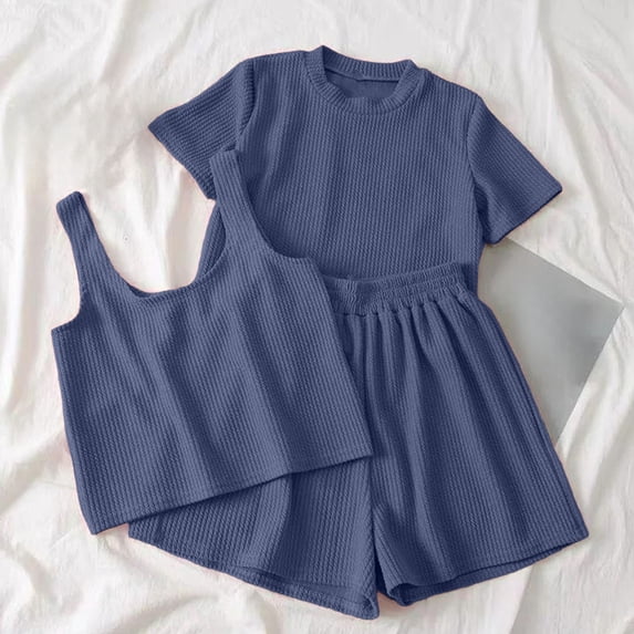 Asgosdo Women Pajamas Three Piece Sets Waffle Sleeveless Tank Top and ...