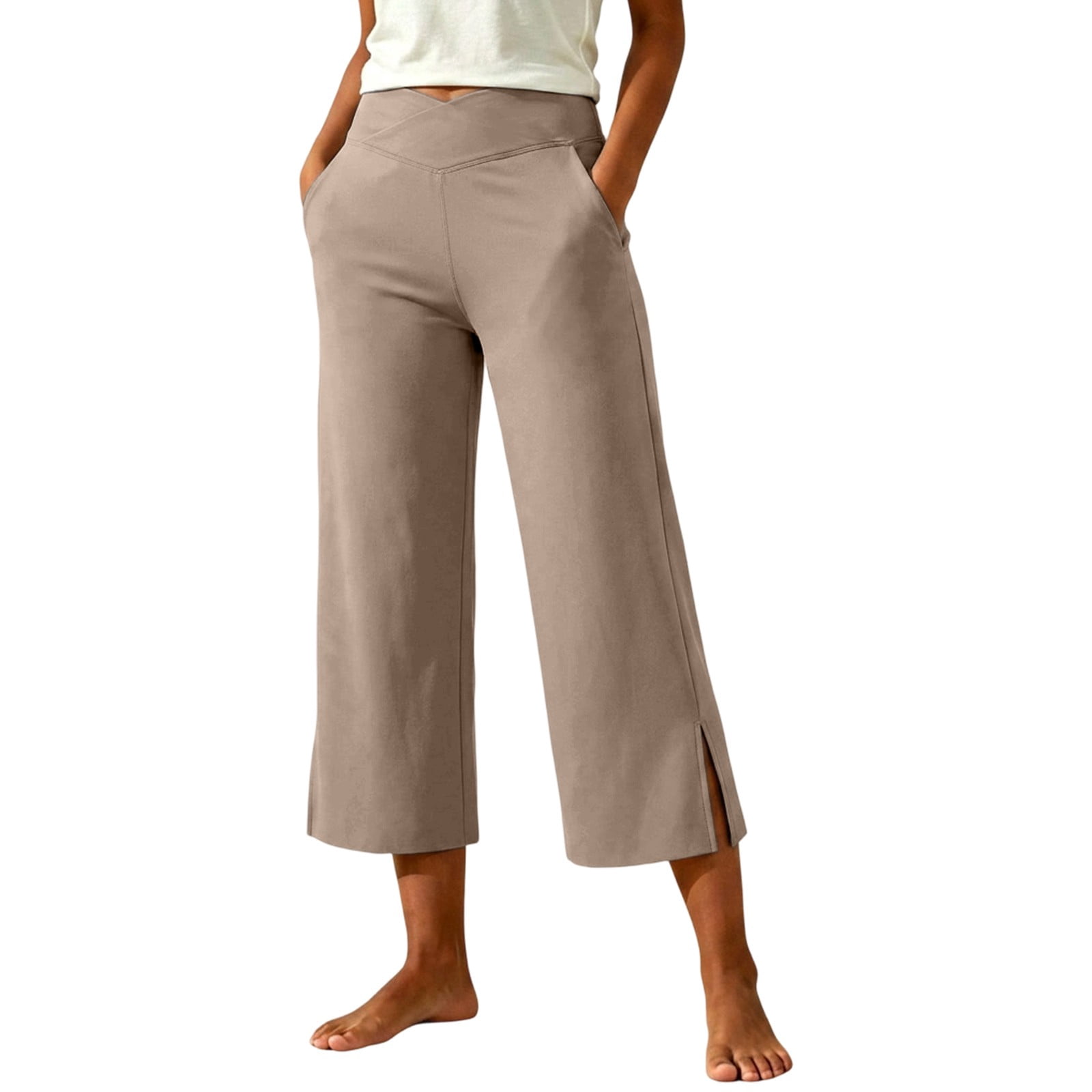 Asgosdo Women Pants Criss Cross High Waisted Stright Leg Side Slit ...