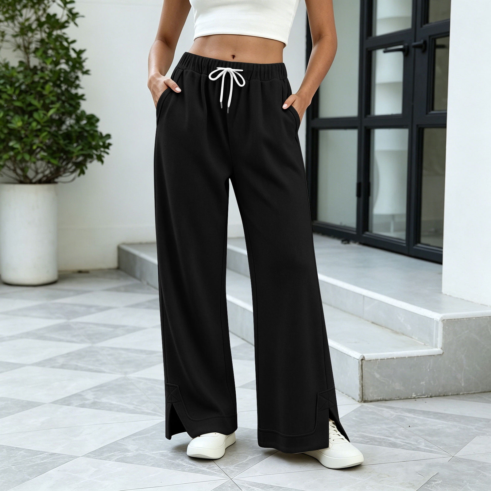 Asgosdo Women Pants Drawstring Elastic Waisted Side Slit Sporty Working ...