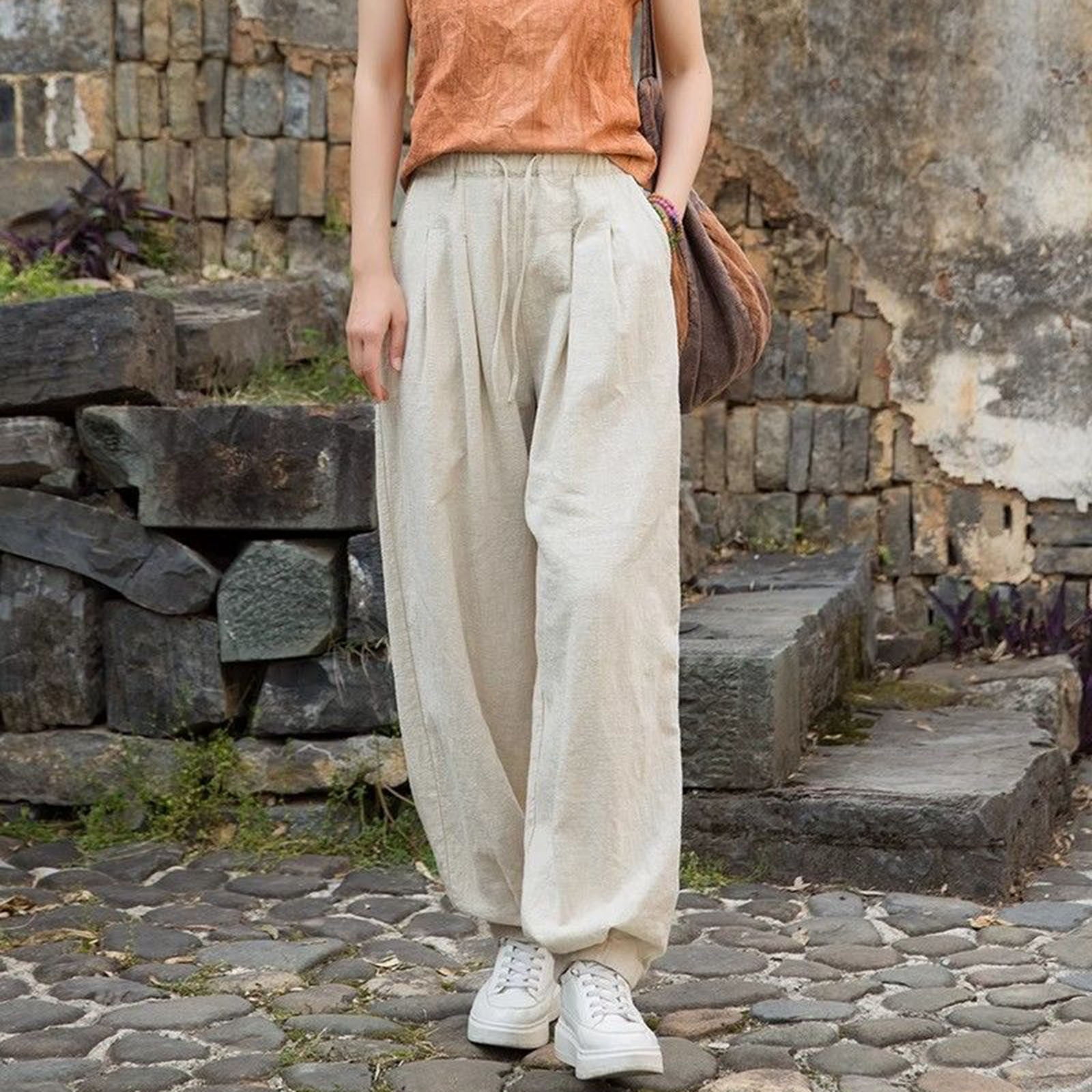 Asgosdo Women Pants Drawstring Elastic Waisted Solid Color Soft Cozy ...