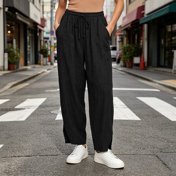 Asgosdo Women Pants Drawstring High Elastic Waisted Side Slit Loose Fit ...