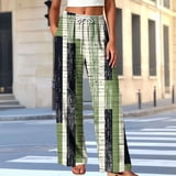 Asgosdo Women Pants Drawstring High Waisted Print Straight Wide Leg ...