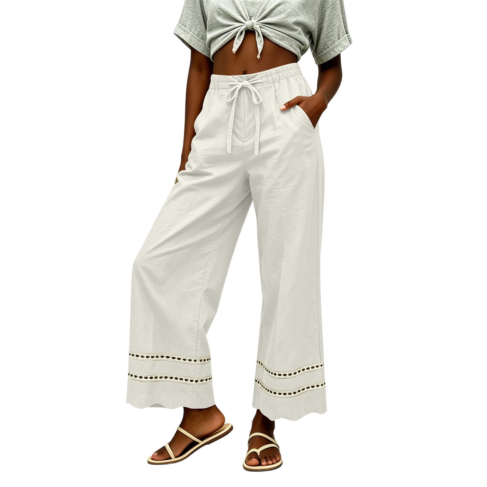 Asgosdo Women Pants Drawstring High Waisted Wide Stright Leg Casual ...