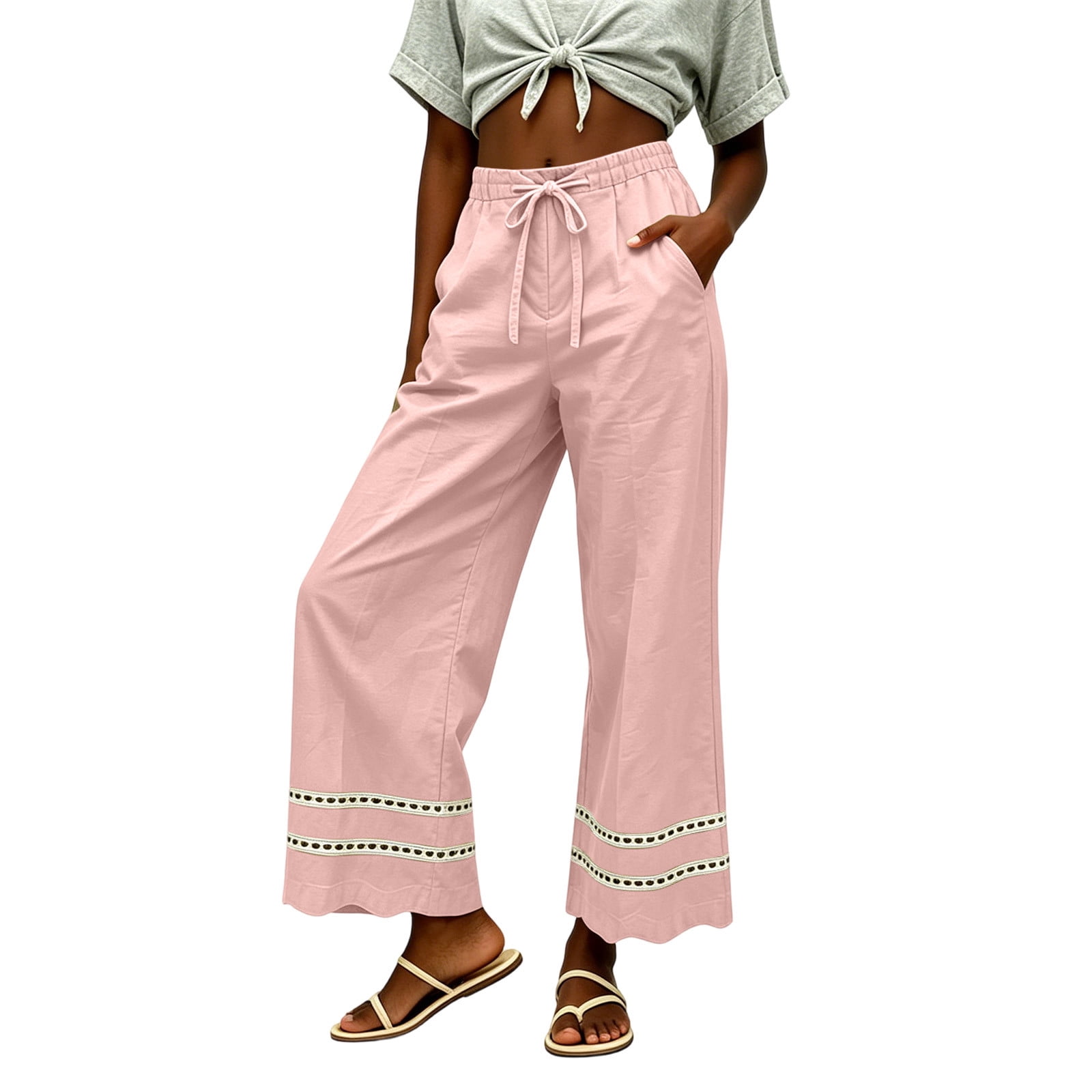 Asgosdo Women Pants Drawstring High Waisted Wide Stright Leg Casual ...