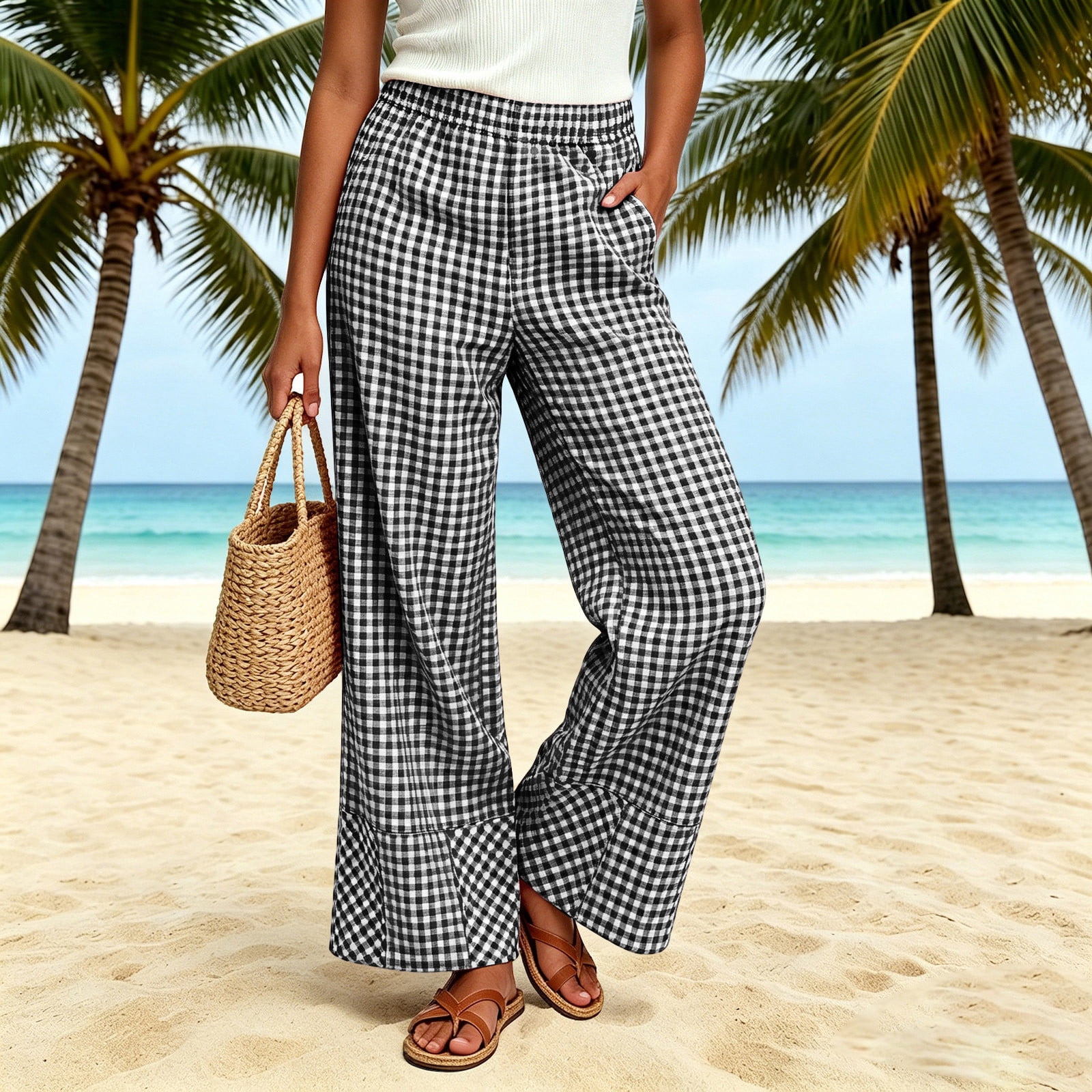 Asgosdo Women Pants Grid High Waisted Wide Straight Wide Leg Loose Fit ...