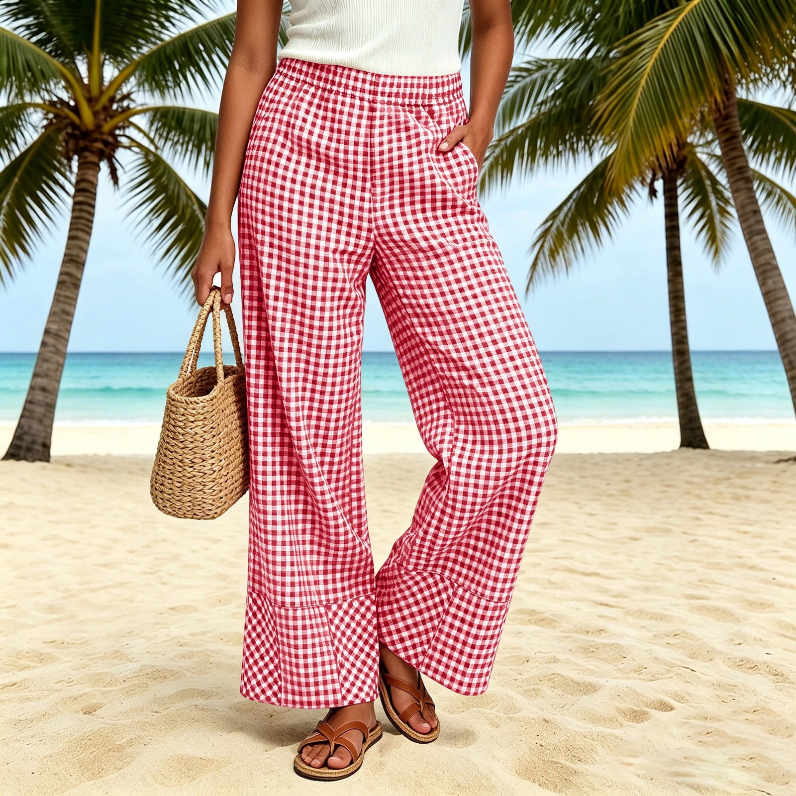 Asgosdo Women Pants Grid High Waisted Wide Straight Wide Leg Loose Fit ...
