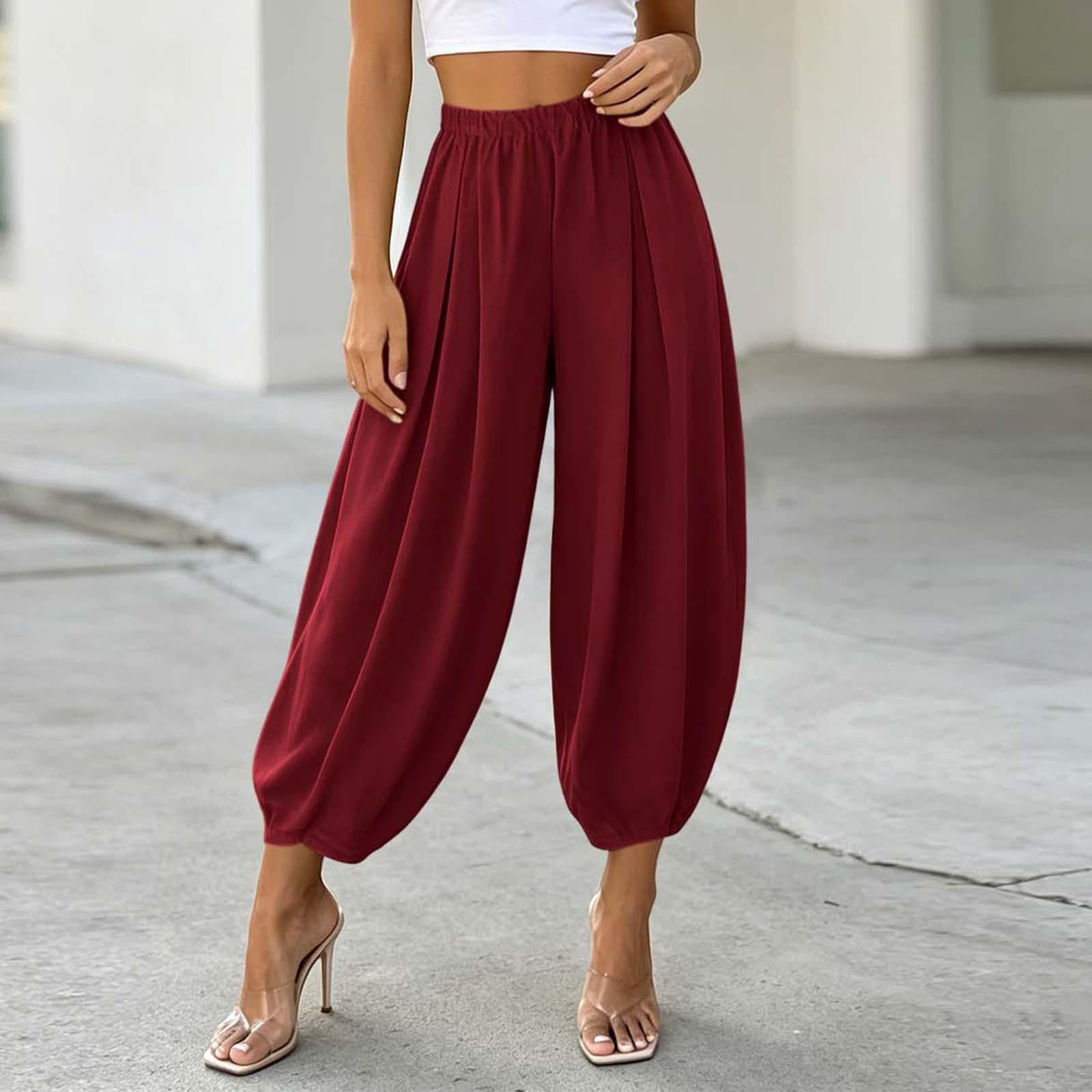 Asgosdo Women Pants High Elastic Waisted Solid Color Loose Fit Trendy ...