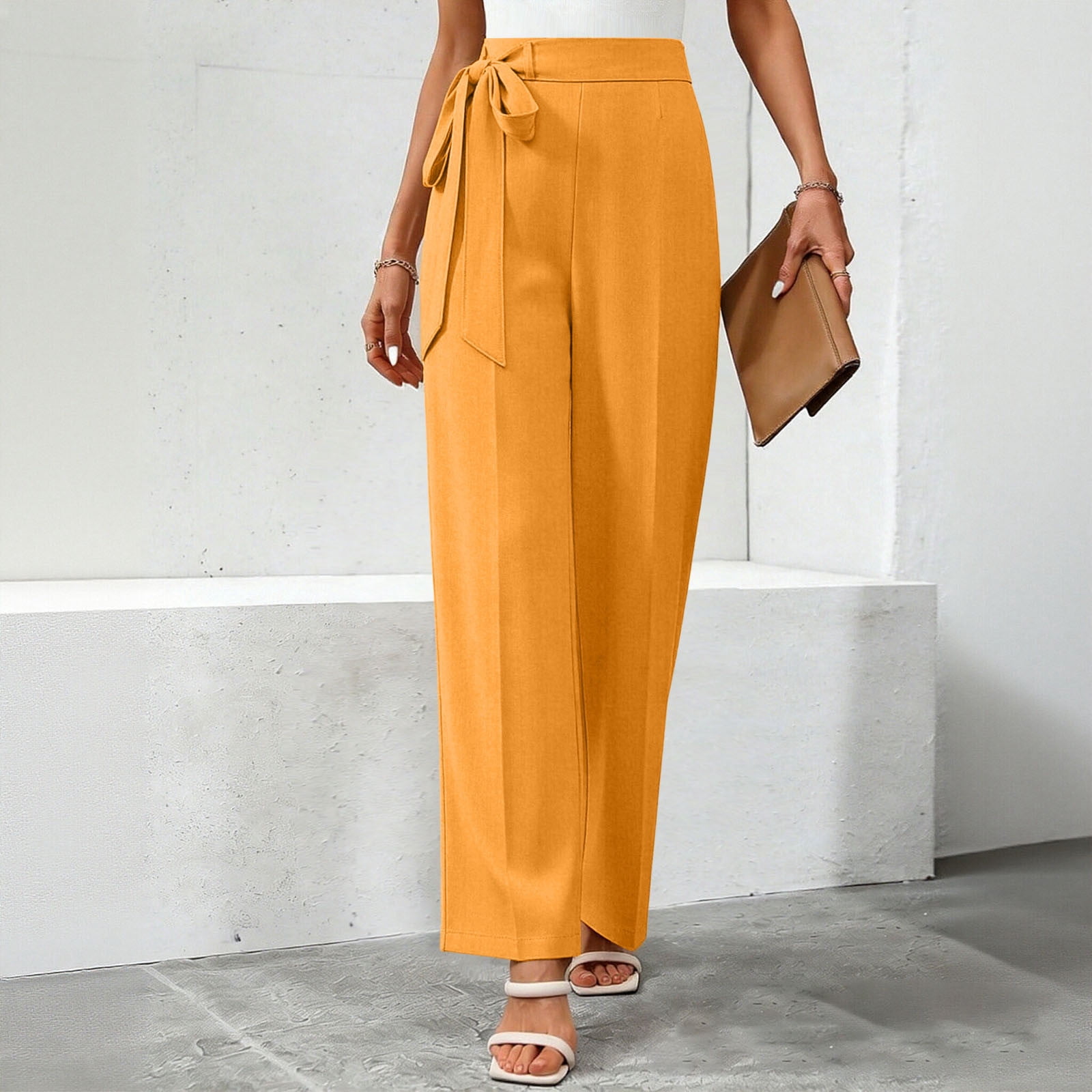 Asgosdo Women Pants High Waisted Bow Wide Leg Capris Pants Casual Flowy ...