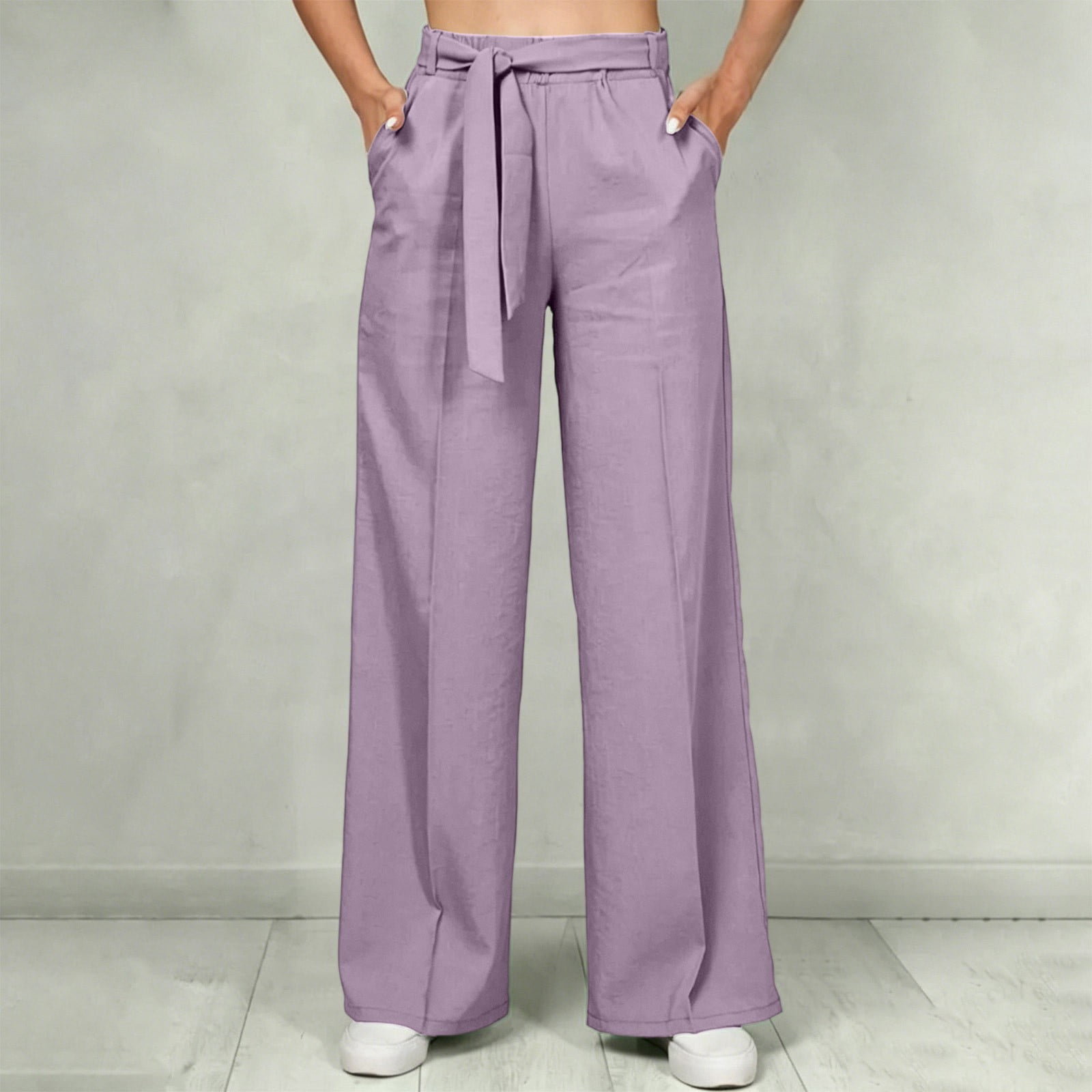 Asgosdo Women Pants High Waisted Drawstring Solid Color Wide Straight ...