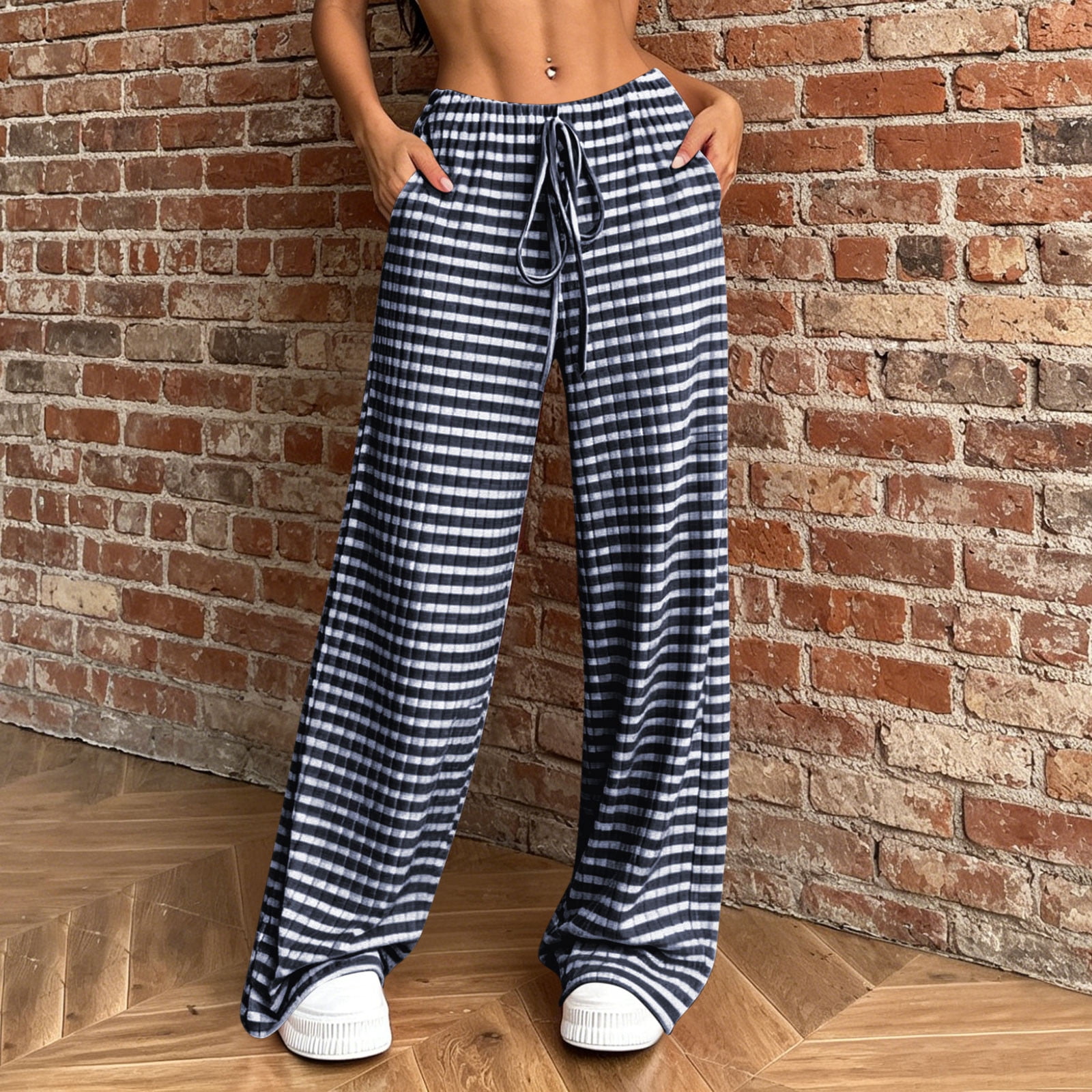 Asgosdo Women Pants Knit Grid Drawstring High Waisted Wide Leg Pants ...