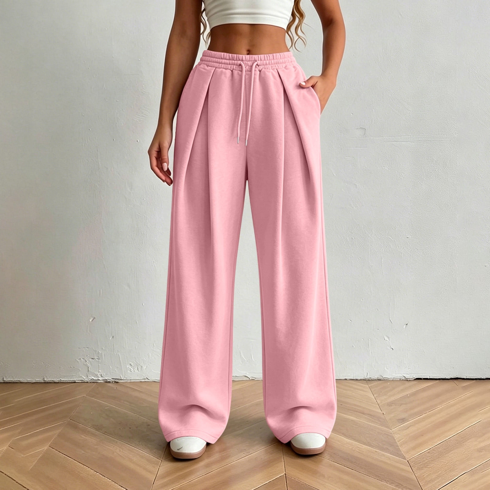 Asgosdo Women Pants Pleated Drawstring High Elastic Waisted Wide Leg ...