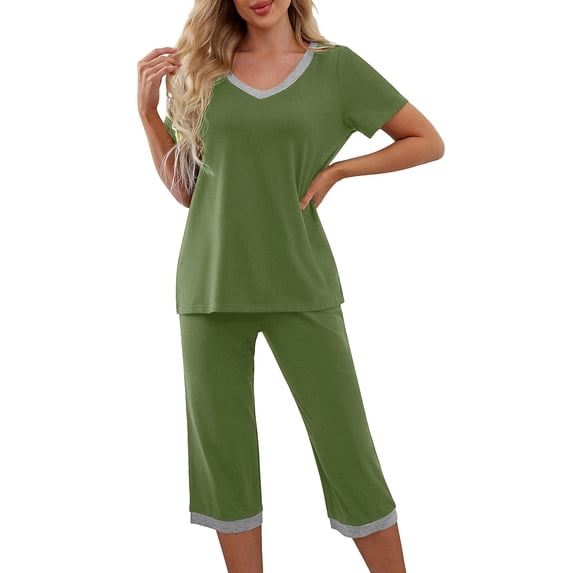 Asgosdo Women Plus Size Pajamas Sets V Neck Short Sleeve Top and Capri ...