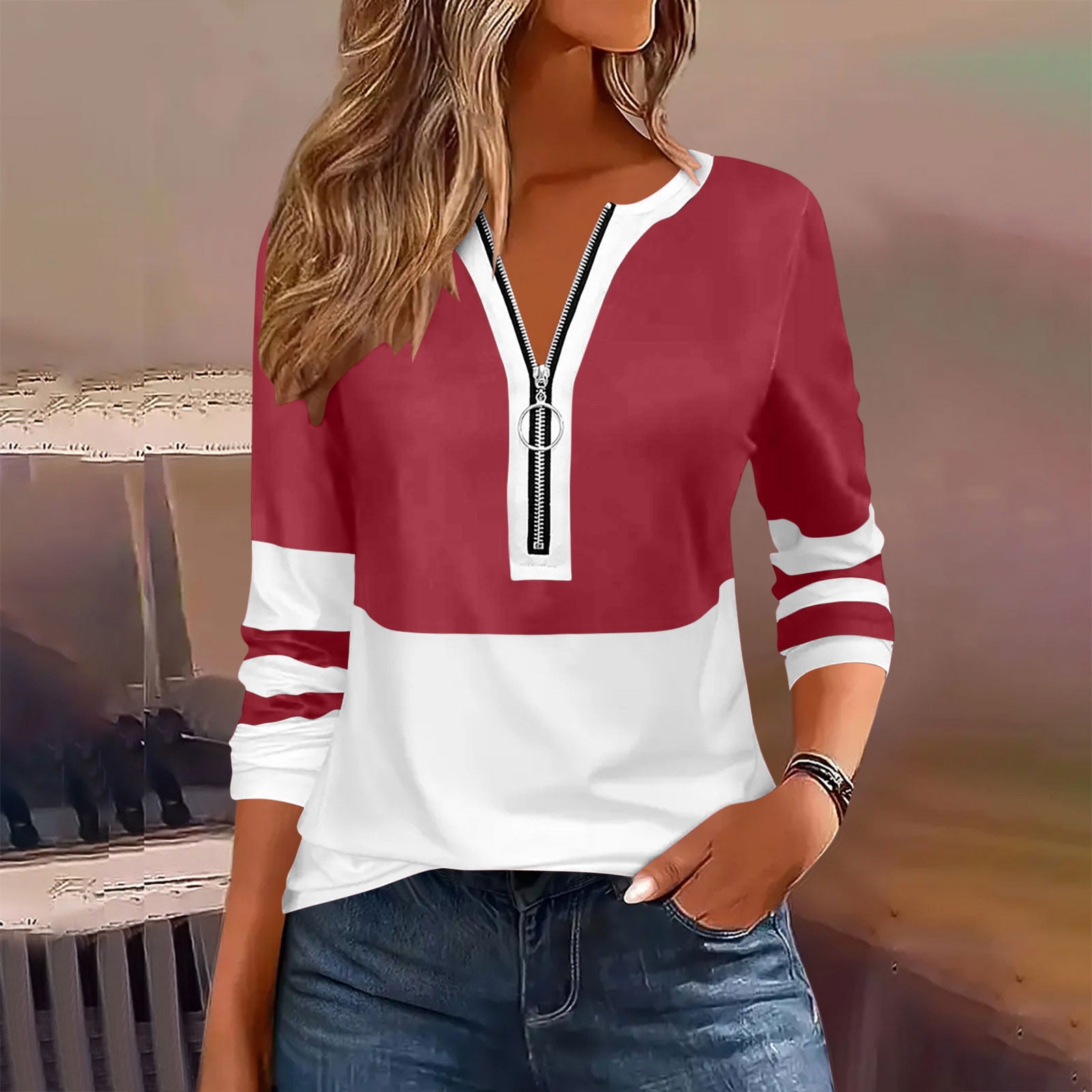 Asgosdo Women Shirts Front Zipper Long Sleeve Color Block Shirts Casual ...