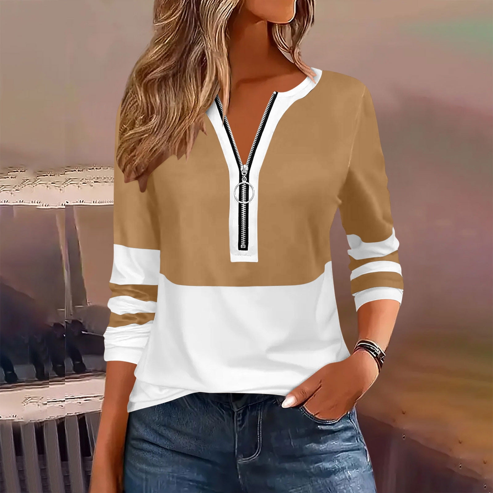 Asgosdo Women Shirts Front Zipper Long Sleeve Color Block Shirts Casual ...