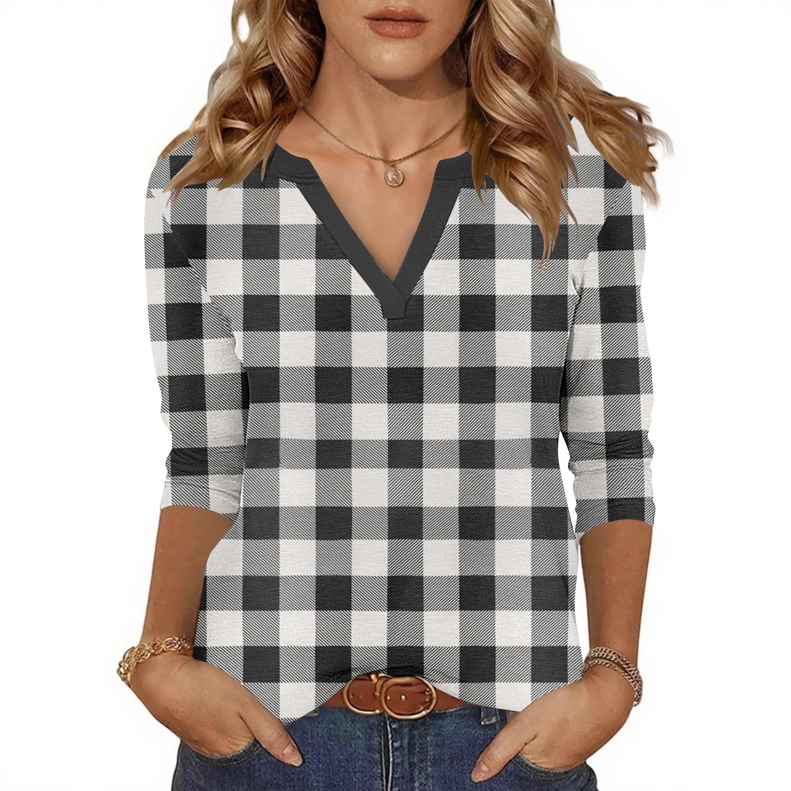 Asgosdo Women Shirts Long Sleeve V Neck Grid Loose Fit Blouses Fall ...