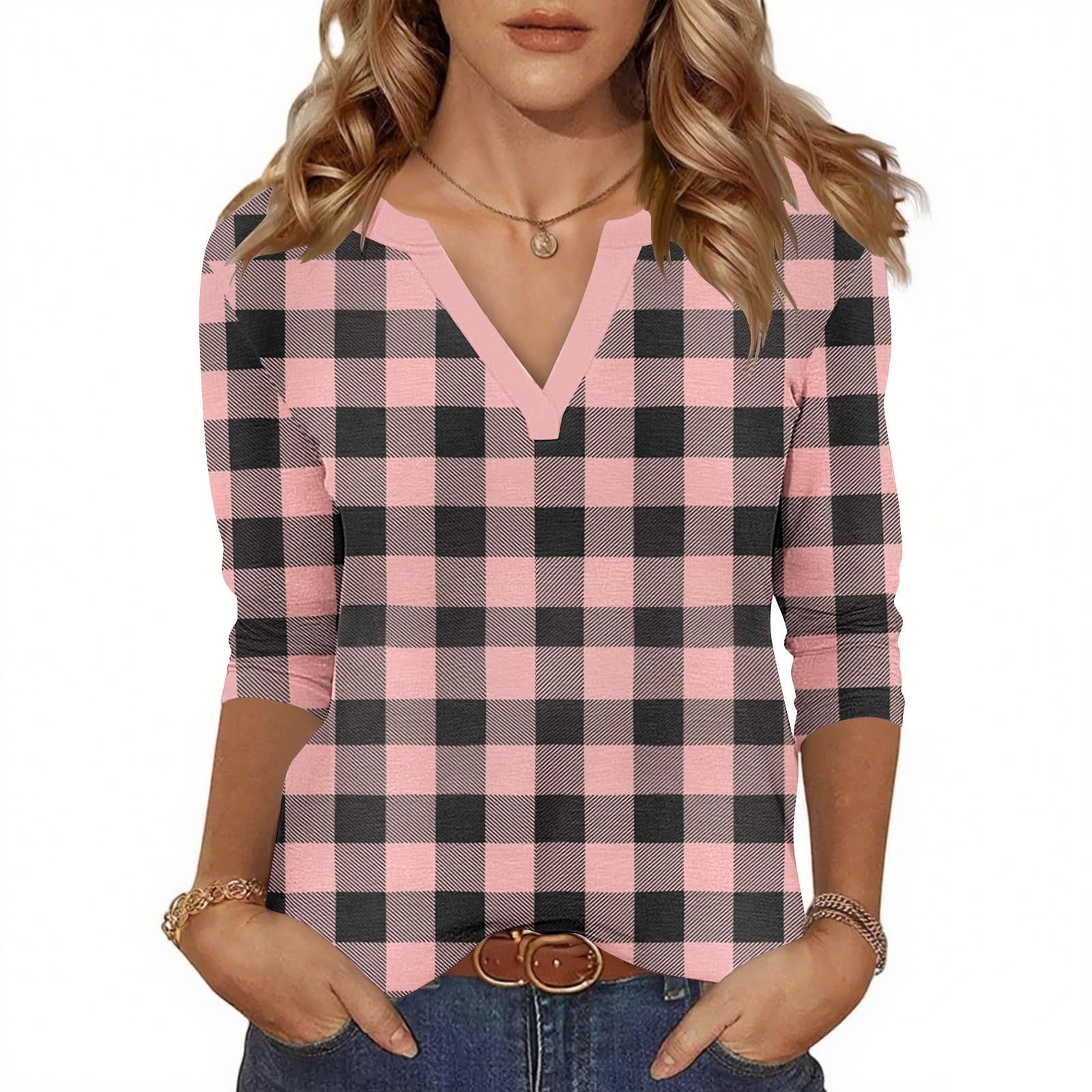 Asgosdo Women Shirts Long Sleeve V Neck Grid Loose Fit Blouses Fall ...