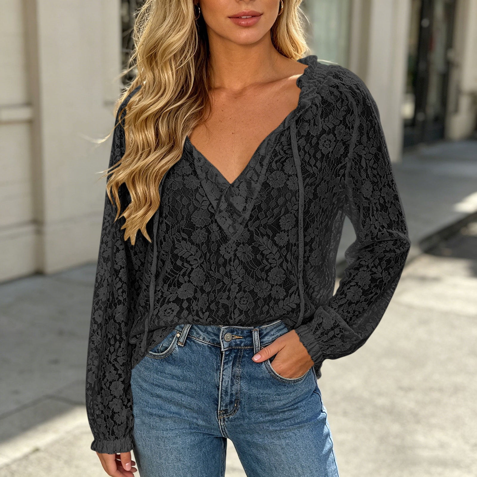 Asgosdo Women Shirts V Neck Long Sleeve Drawstring Lace Embroidery ...