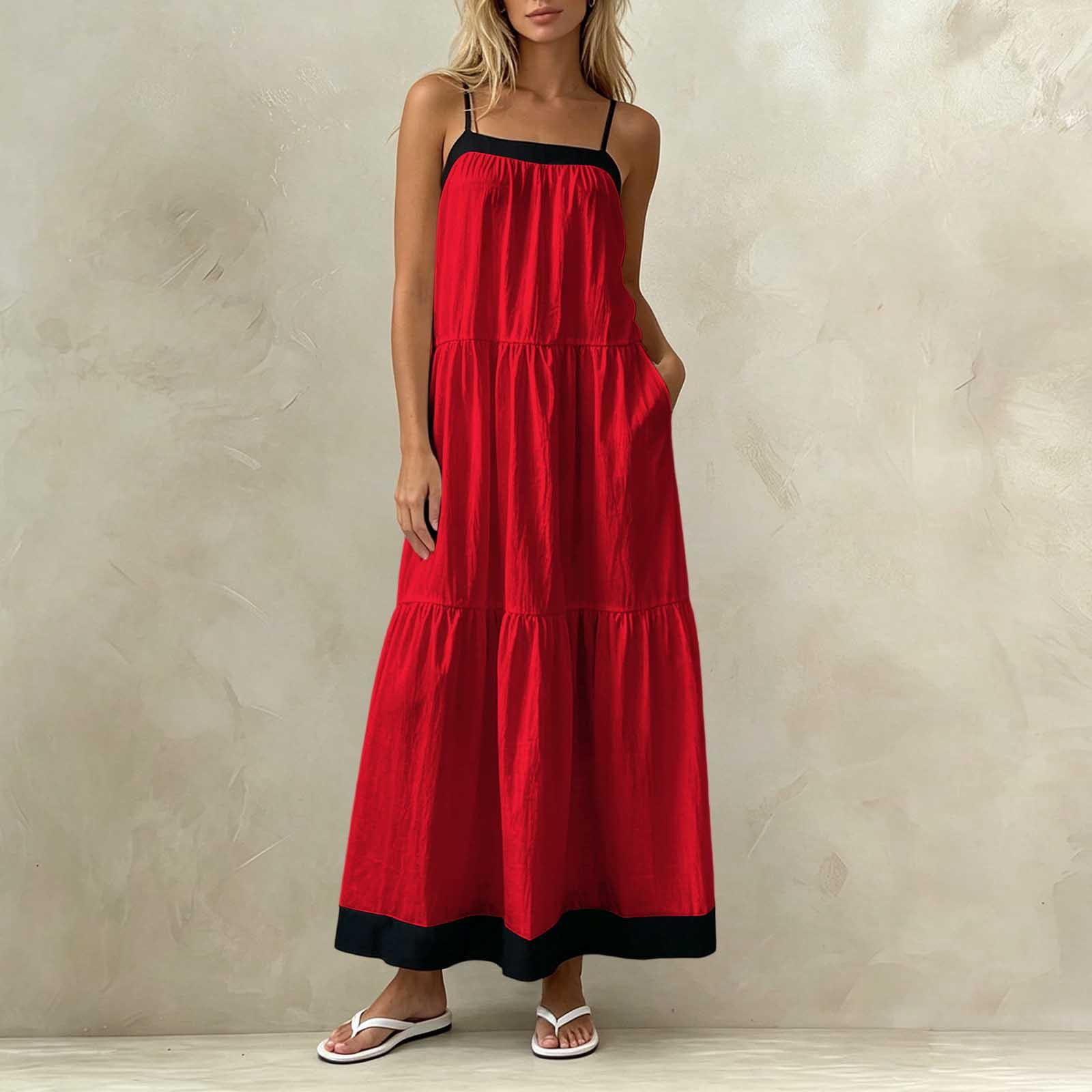 Asgosdo Women Summer Cami Dresses Sleeveless Open Back Tiered Pleated ...