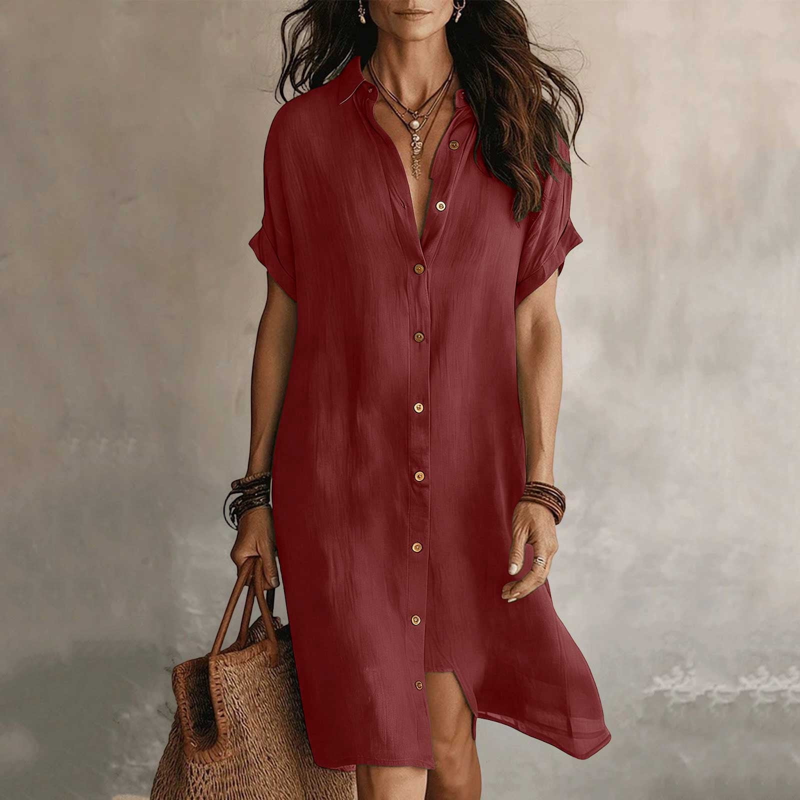 Asgosdo Women Summer Dresses Collared Short Sleeve Botton Down Loose ...