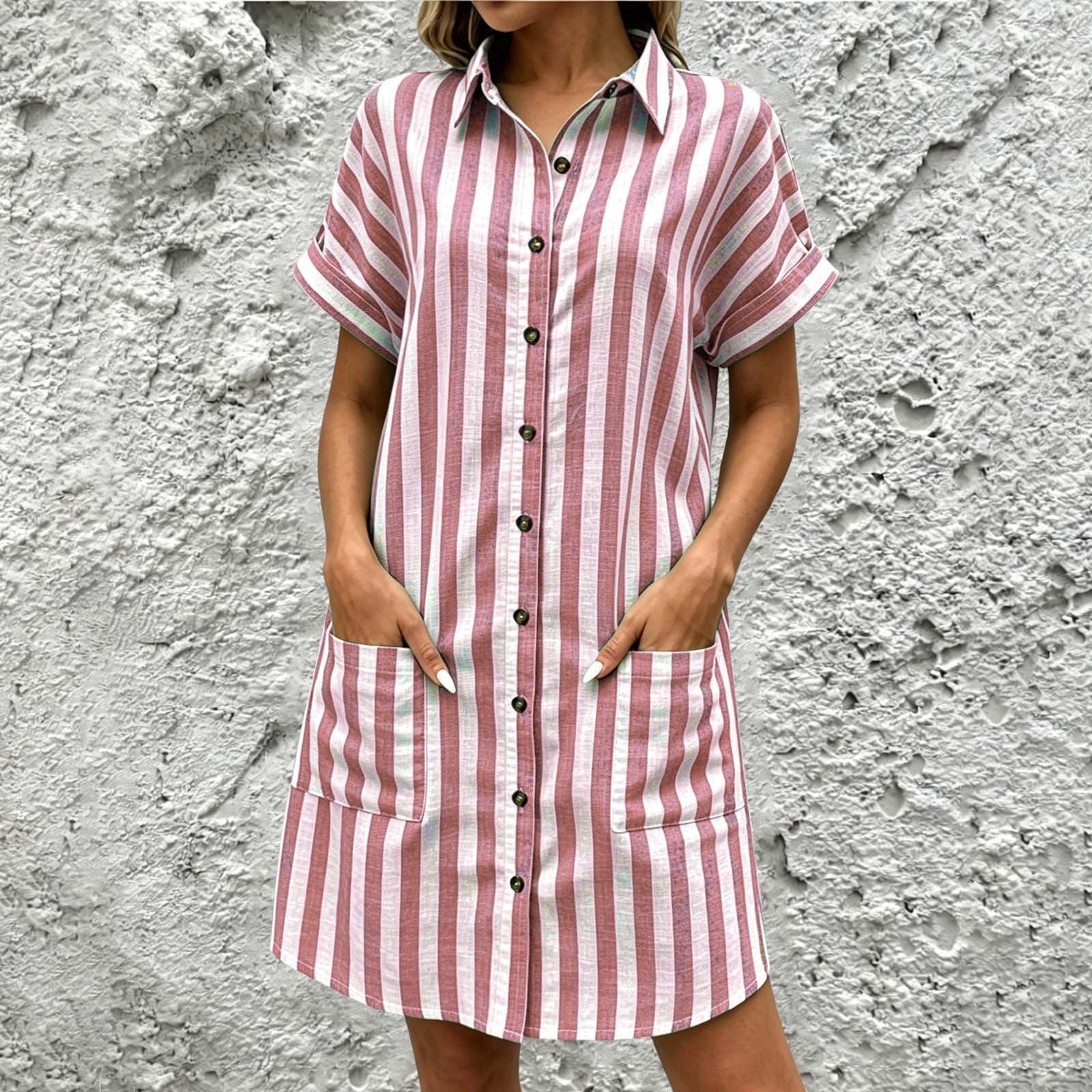 Asgosdo Women Summer Dresses Short Sleeve Collared Botton Down Striped ...