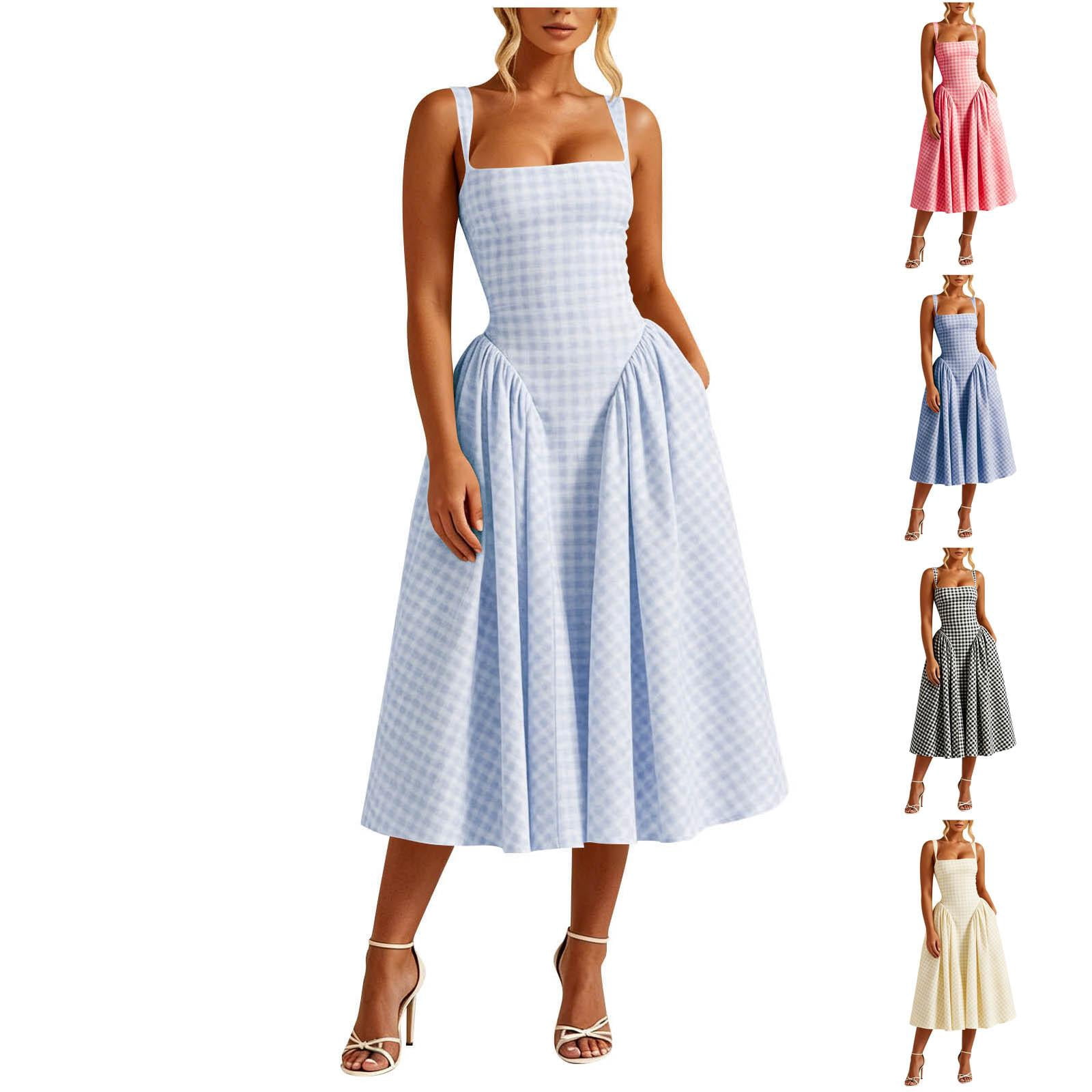 Asgosdo Women Summer Dresses Square Neck Grid Sleeveless Pleated Slim ...