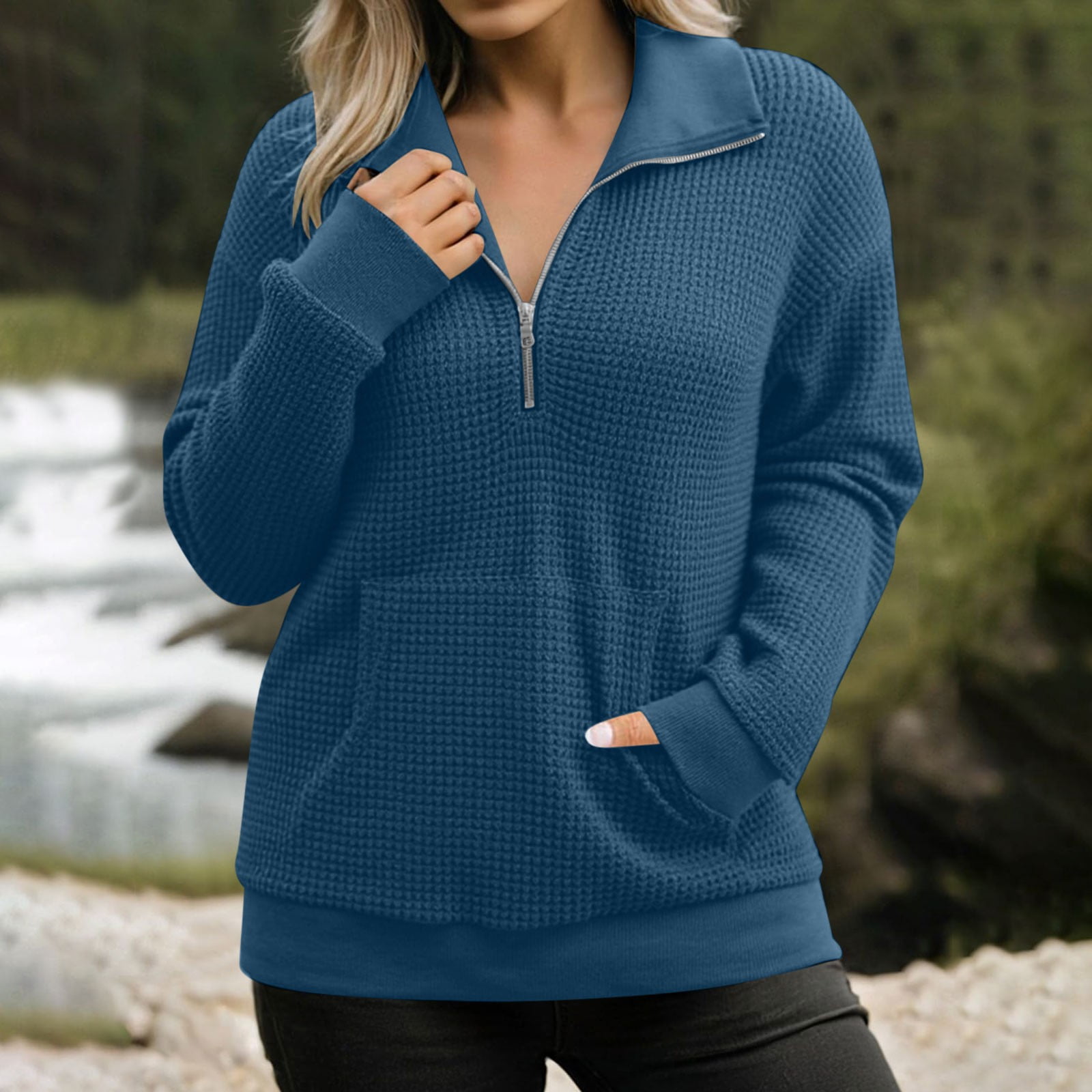 Asgosdo Women Sweatshirts Knit Long Sleeve Front Zipper Solid Color ...