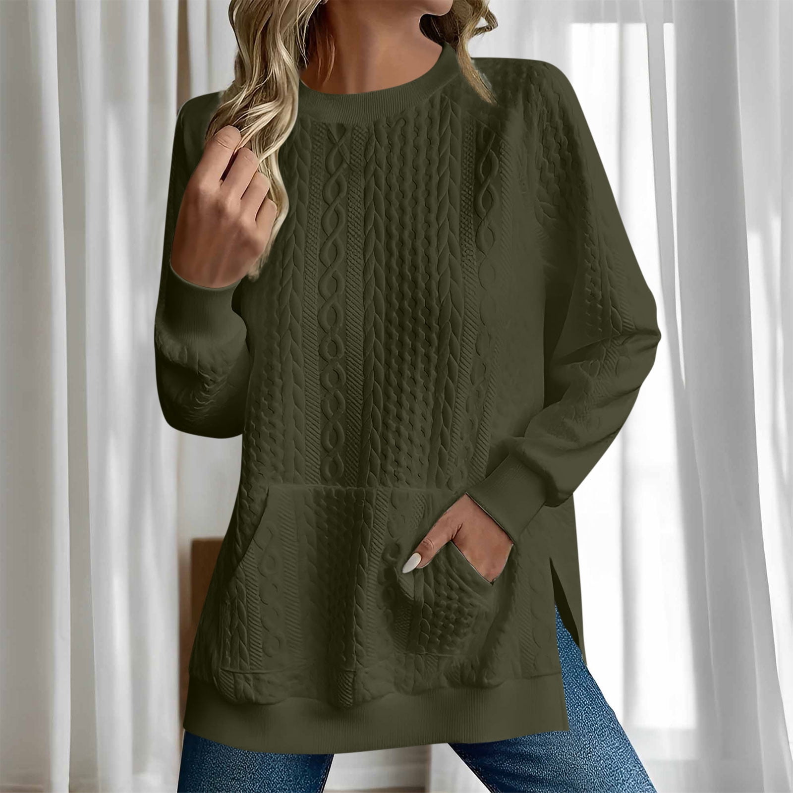 Asgosdo Women Sweatshirts Long Sleeve Crew Neck Side Slit Jacquard ...