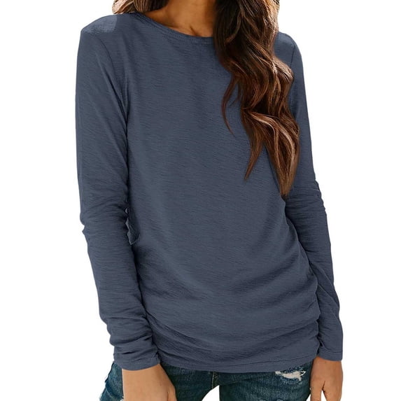 Asgosdo Women T-Shirts Fall Long Sleeve Crew Neck Solid Color Tops ...