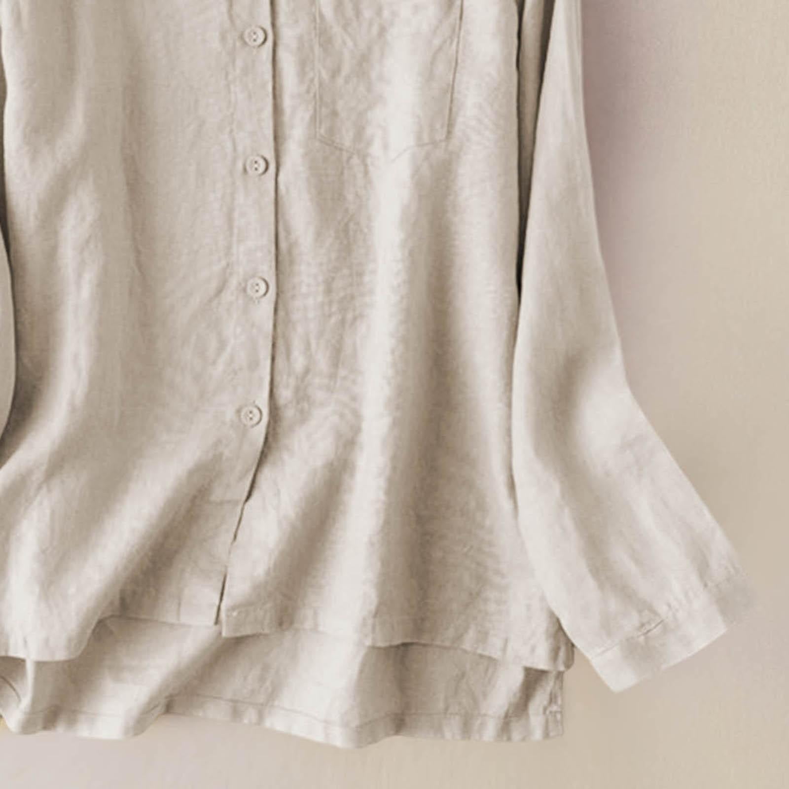 Asgosdo Women Tops Cotton Linen Long Sleeve Collared Button Down Solid ...