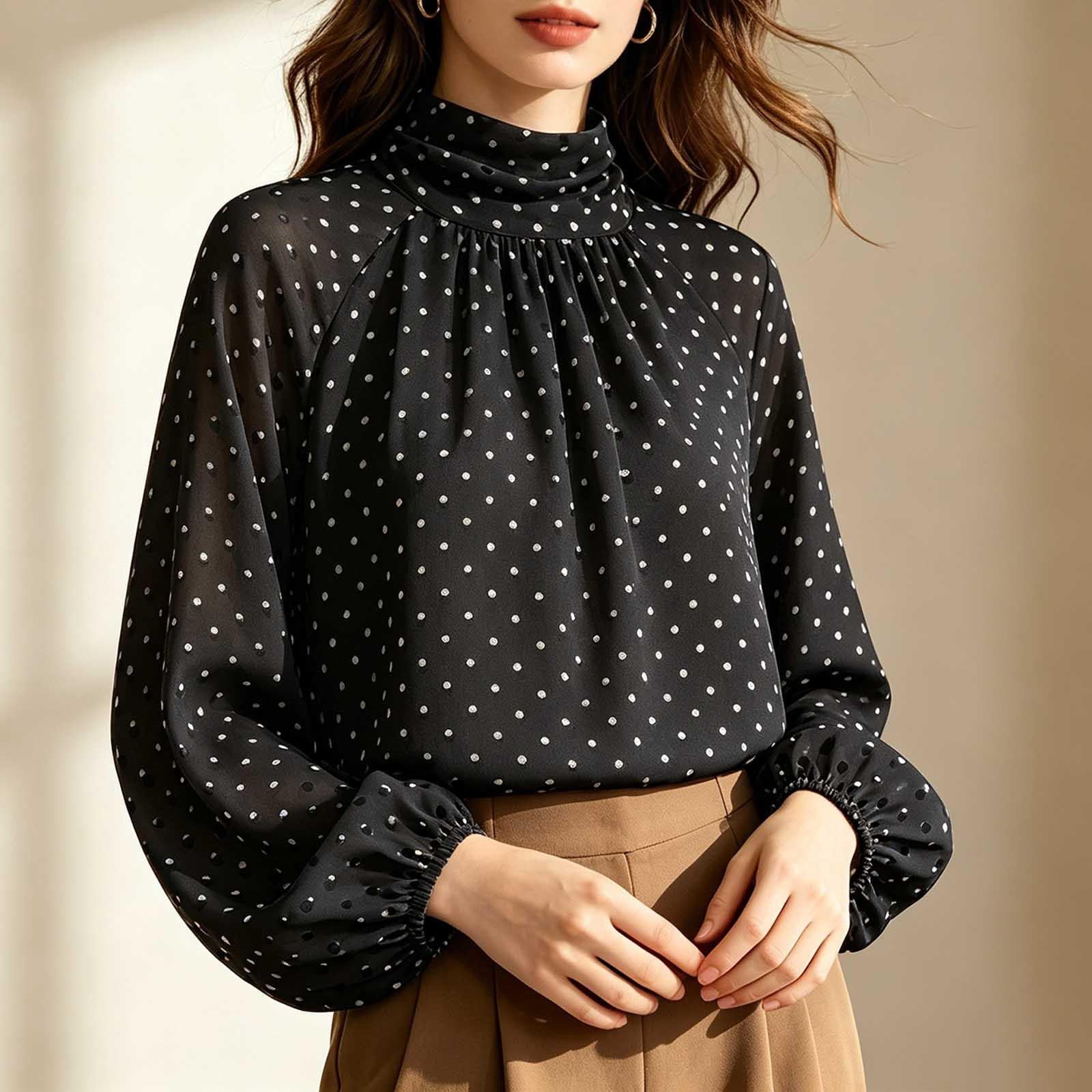 Asgosdo Women Tops Long Sleeve High Neck Polka Dot Loose Fit Blouses ...
