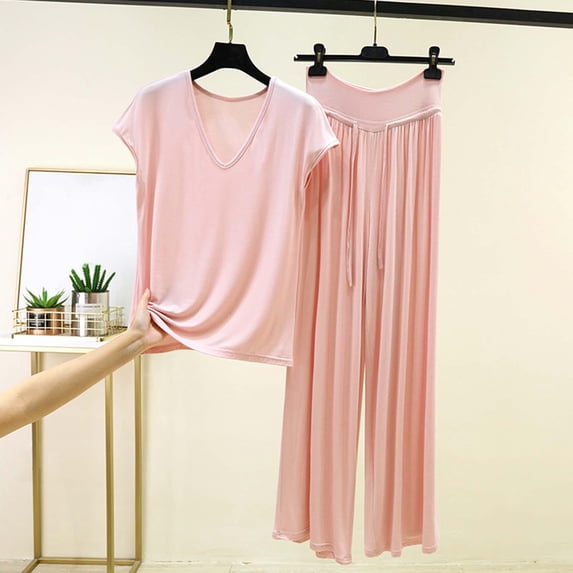 Asgosdo Women Two Piece Pajamas Sets Plus Size V Neck Short Sleeve T ...