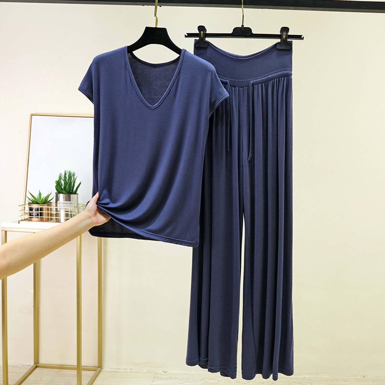 Asgosdo Women Two Piece Pajamas Sets Plus Size V Neck Short Sleeve T ...