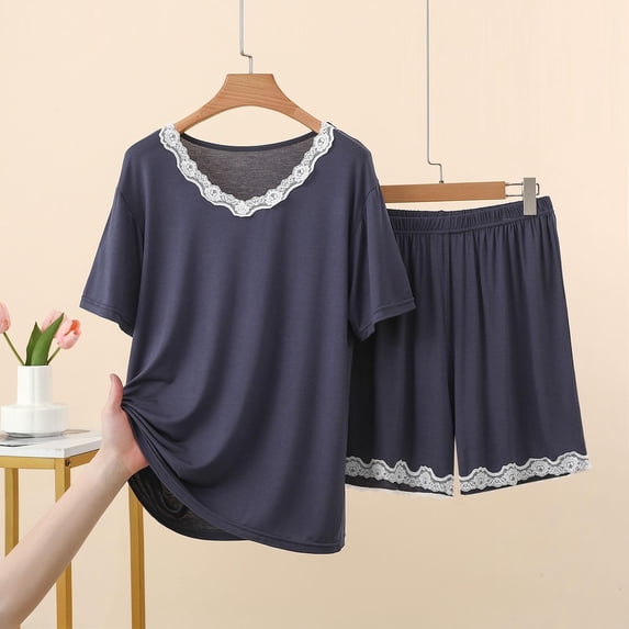 Asgosdo Women Two Piece Pajamas Sets Short Sleeve Lace Top and Elastic ...