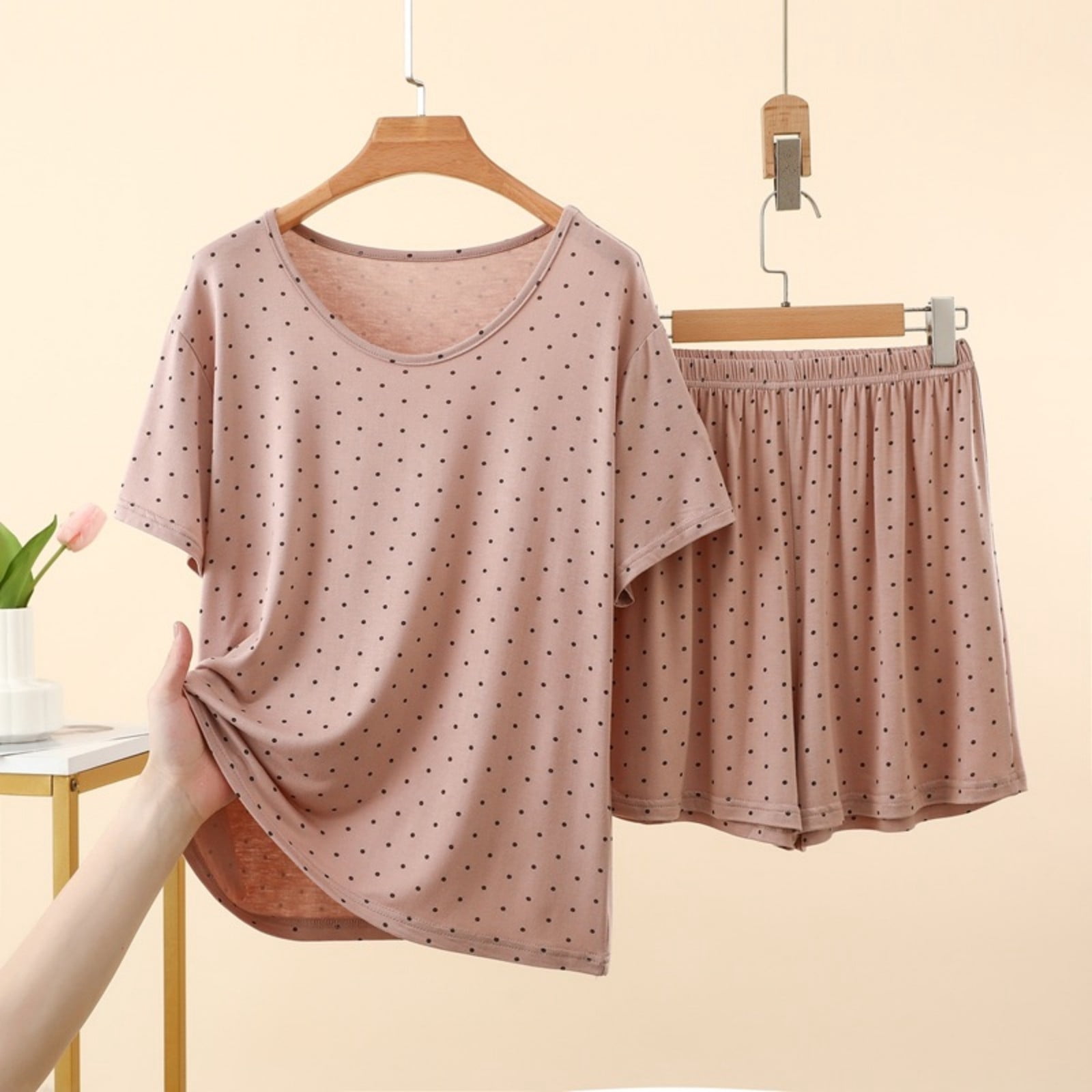 Asgosdo Women Two Piece Pajamas Sets Short Sleeve Polka Dot T-Shirts ...