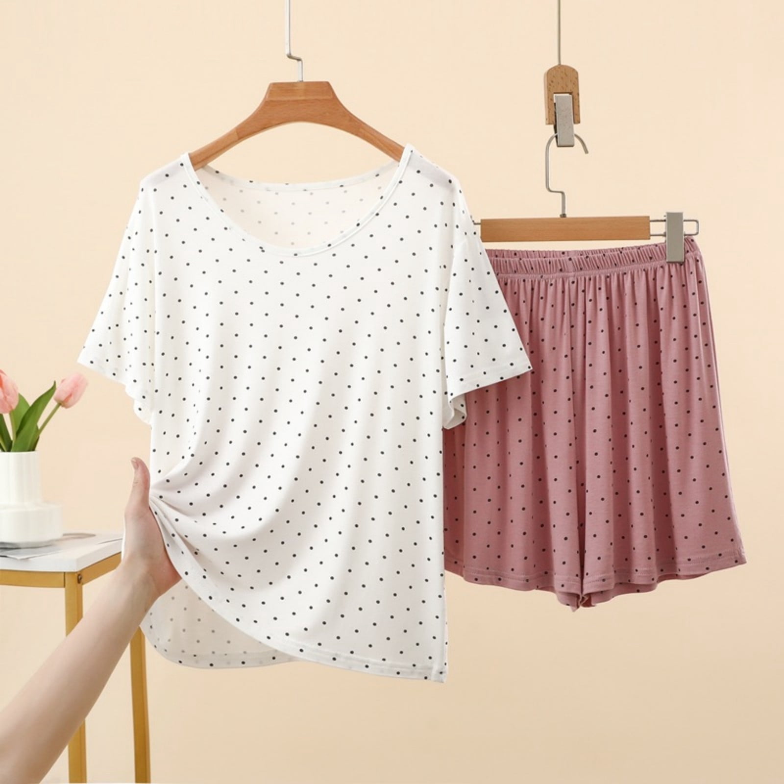 Asgosdo Women Two Piece Pajamas Sets Short Sleeve Polka Dot T-Shirts ...