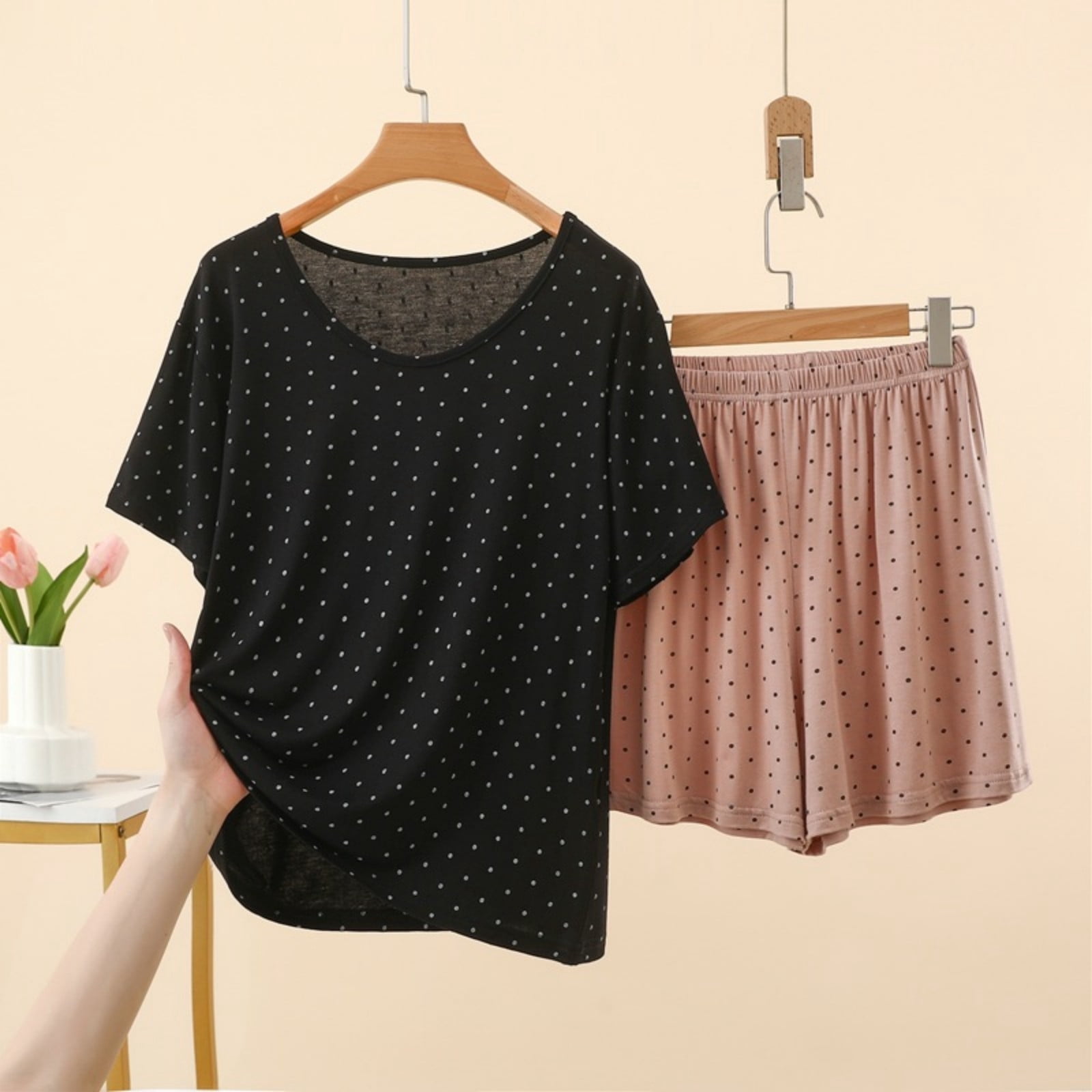 Asgosdo Women Two Piece Pajamas Sets Short Sleeve Polka Dot T-Shirts ...