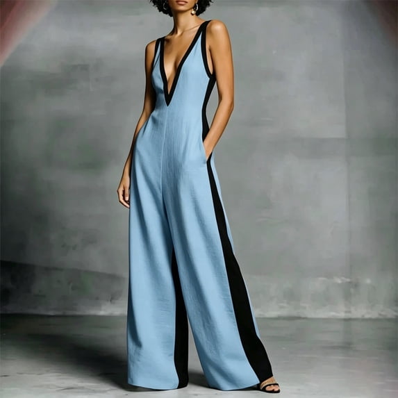 Asgosdo Women's Jumpsuits Deep V Neck Sleeveless Color Block Wide Leg ...