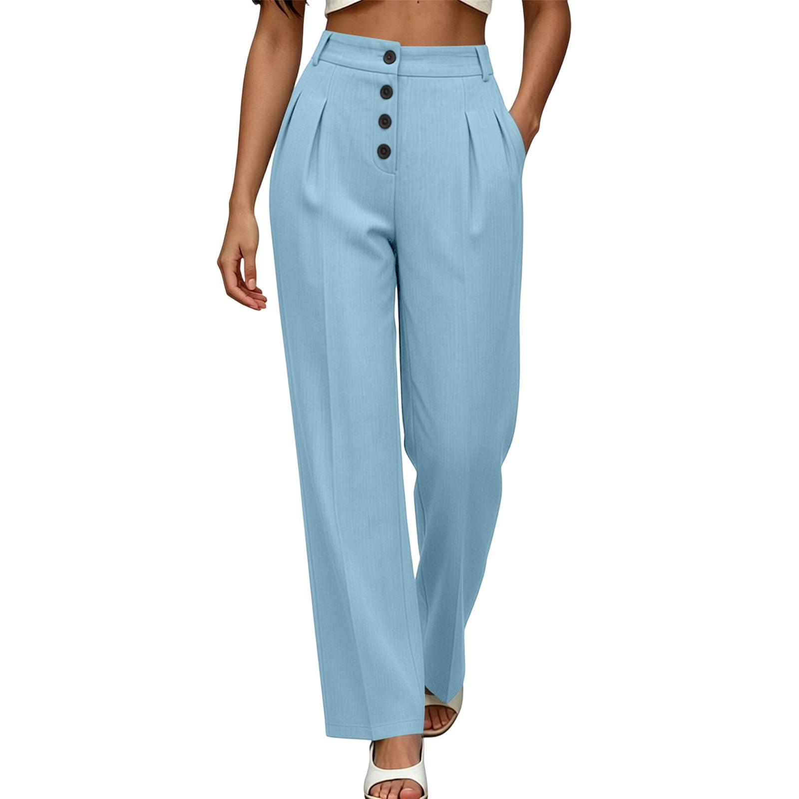 Asgosdo Women's Pants High Waisted Button Straight Wide Leg Pleated ...