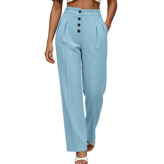 Asgosdo Women's Pants High Waisted Button Straight Wide Leg Pleated ...