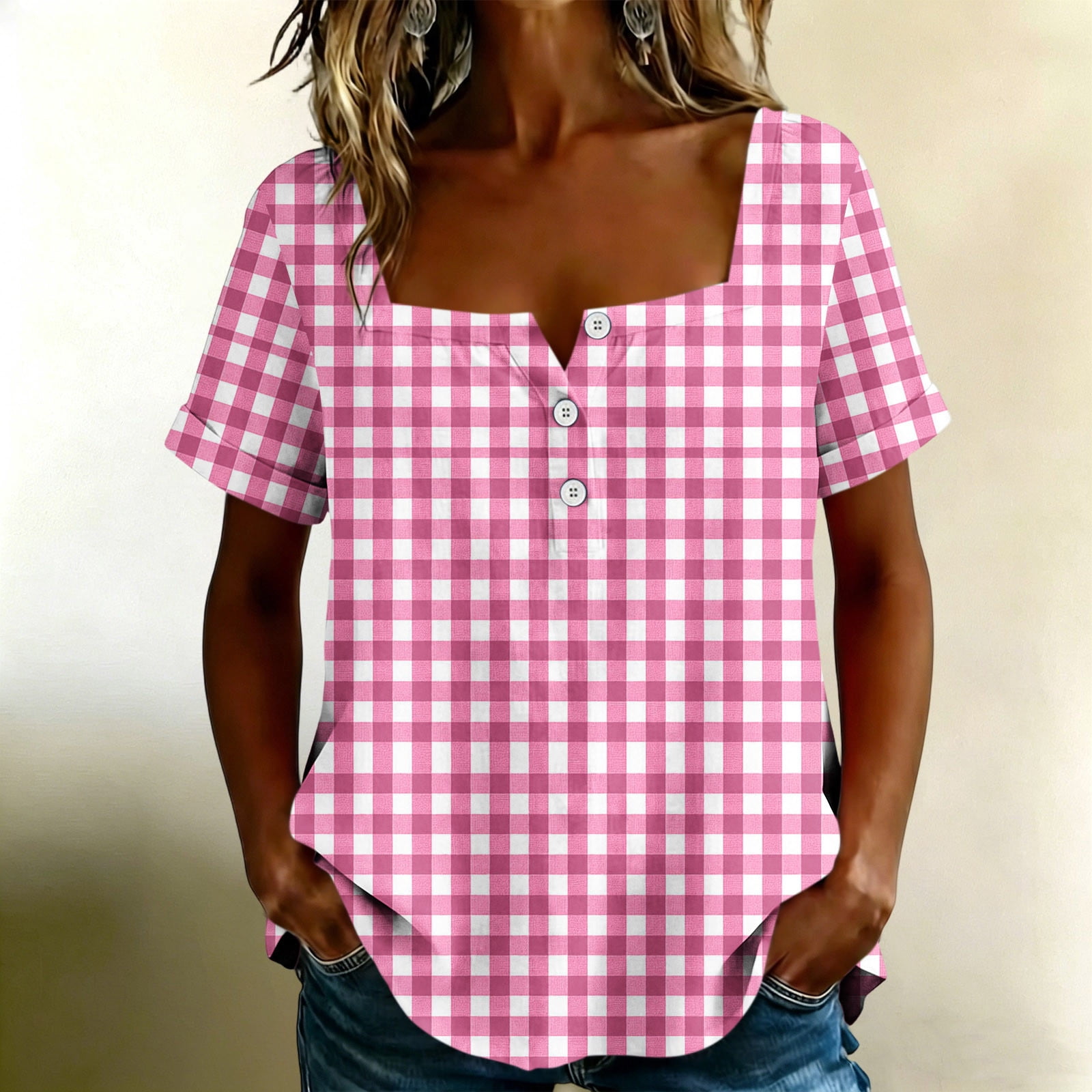 Asgosdo Womens Summer Tops Square Neck Short Sleeve Button Grid Cotton ...