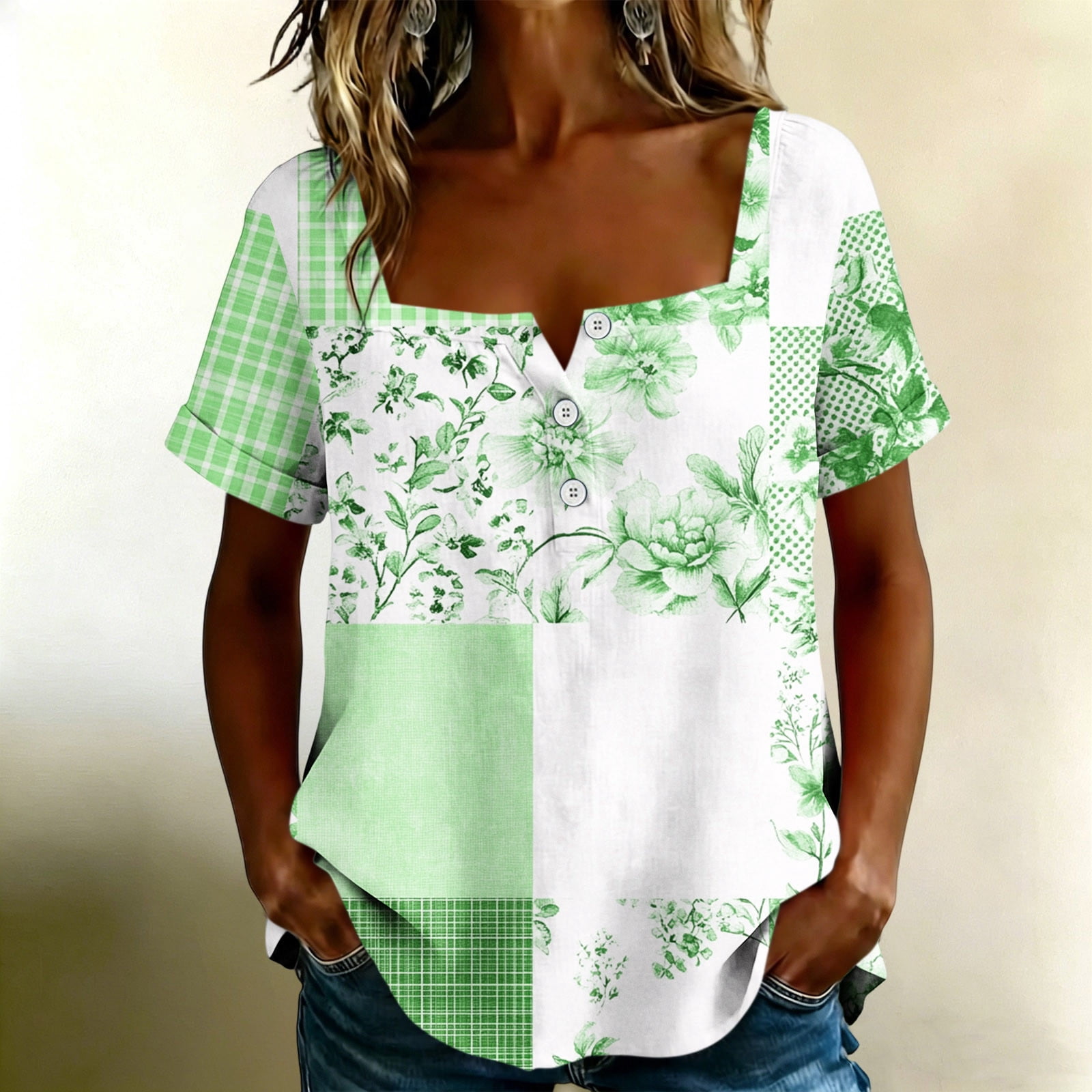 Asgosdo Womens Summer Tops Square Neck Short Sleeve Button Print Tees ...