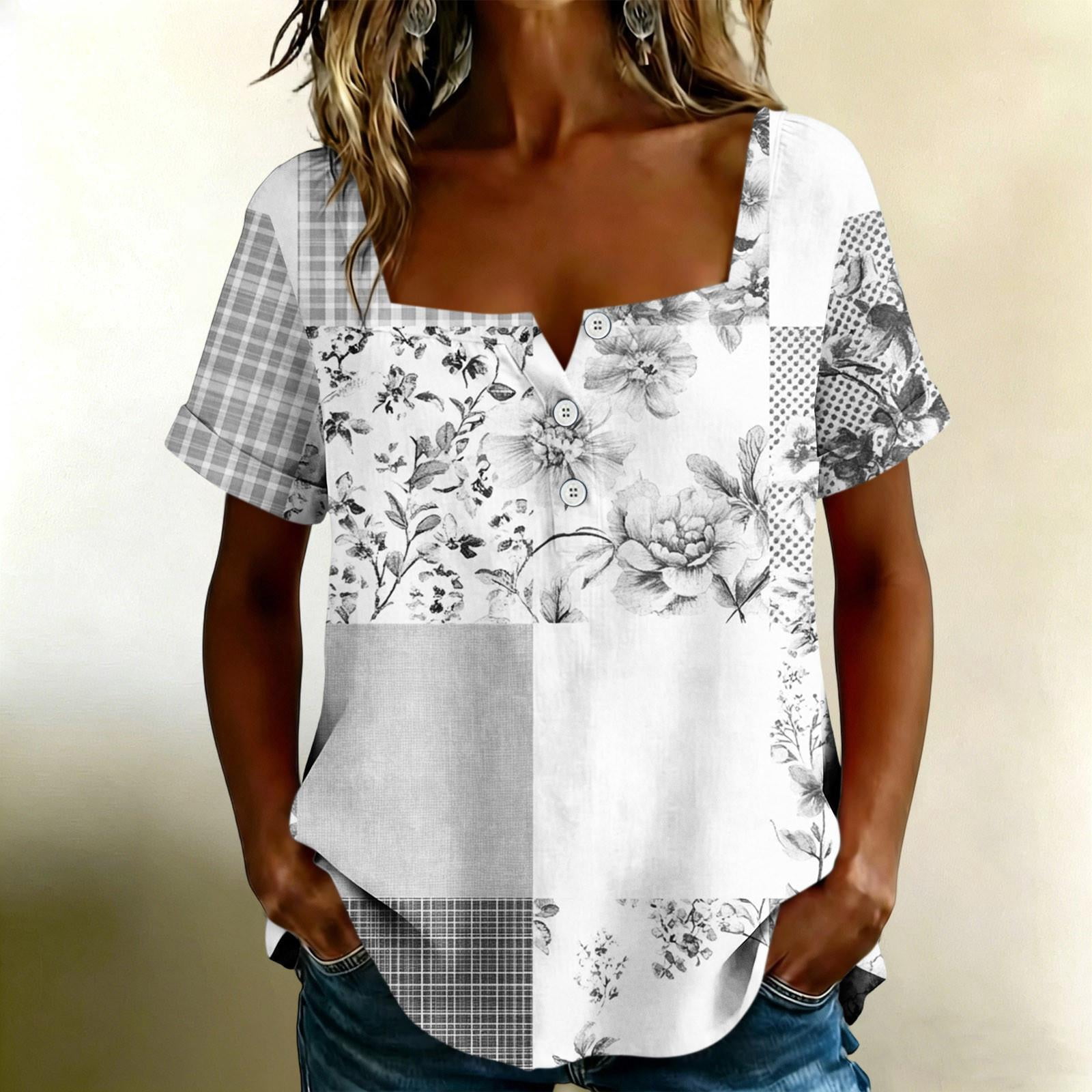 Asgosdo Womens Summer Tops Square Neck Short Sleeve Button Print Tees ...