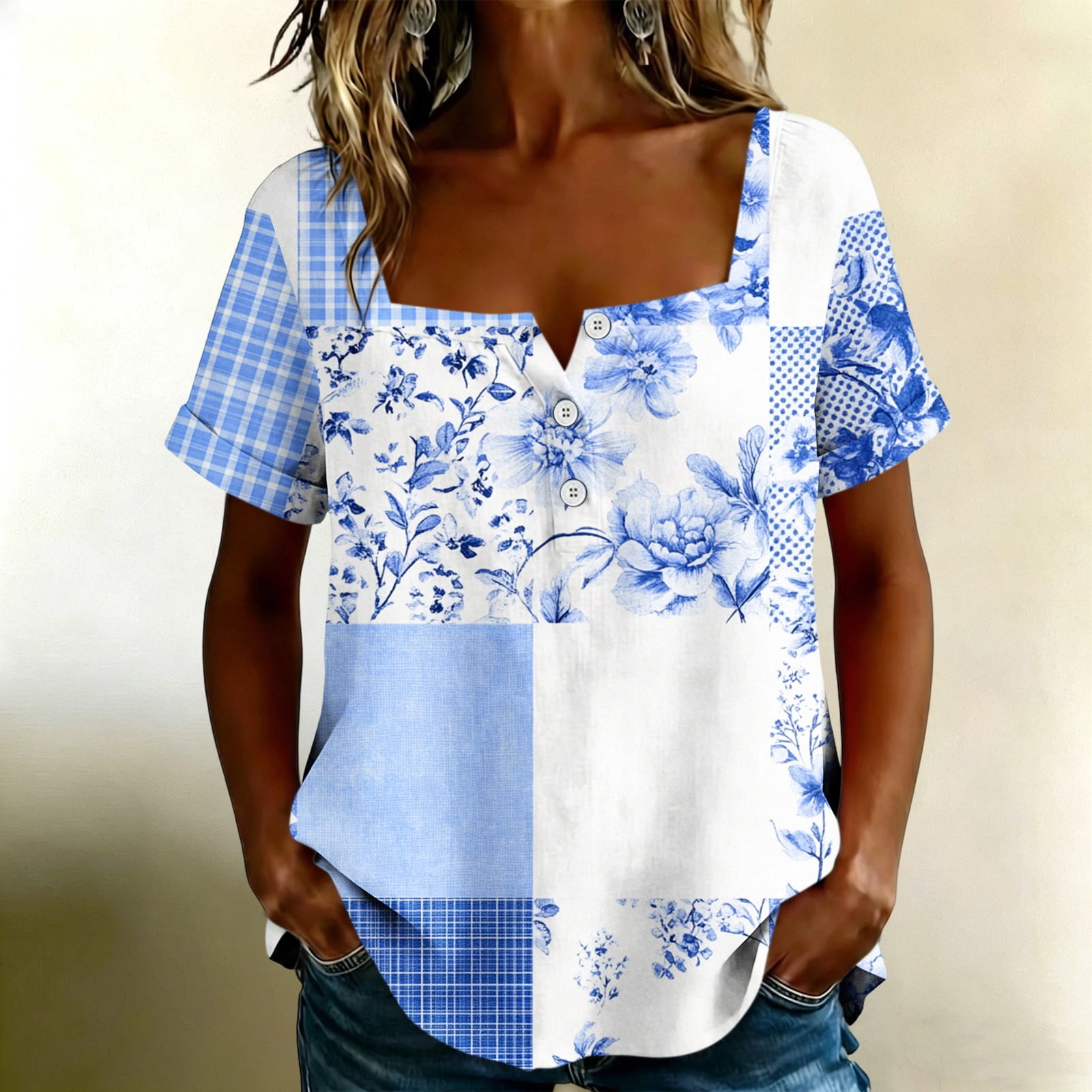 Asgosdo Womens Summer Tops Square Neck Short Sleeve Button Print Tees ...