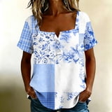 Asgosdo Womens Summer Tops Square Neck Short Sleeve Button Print Tees ...