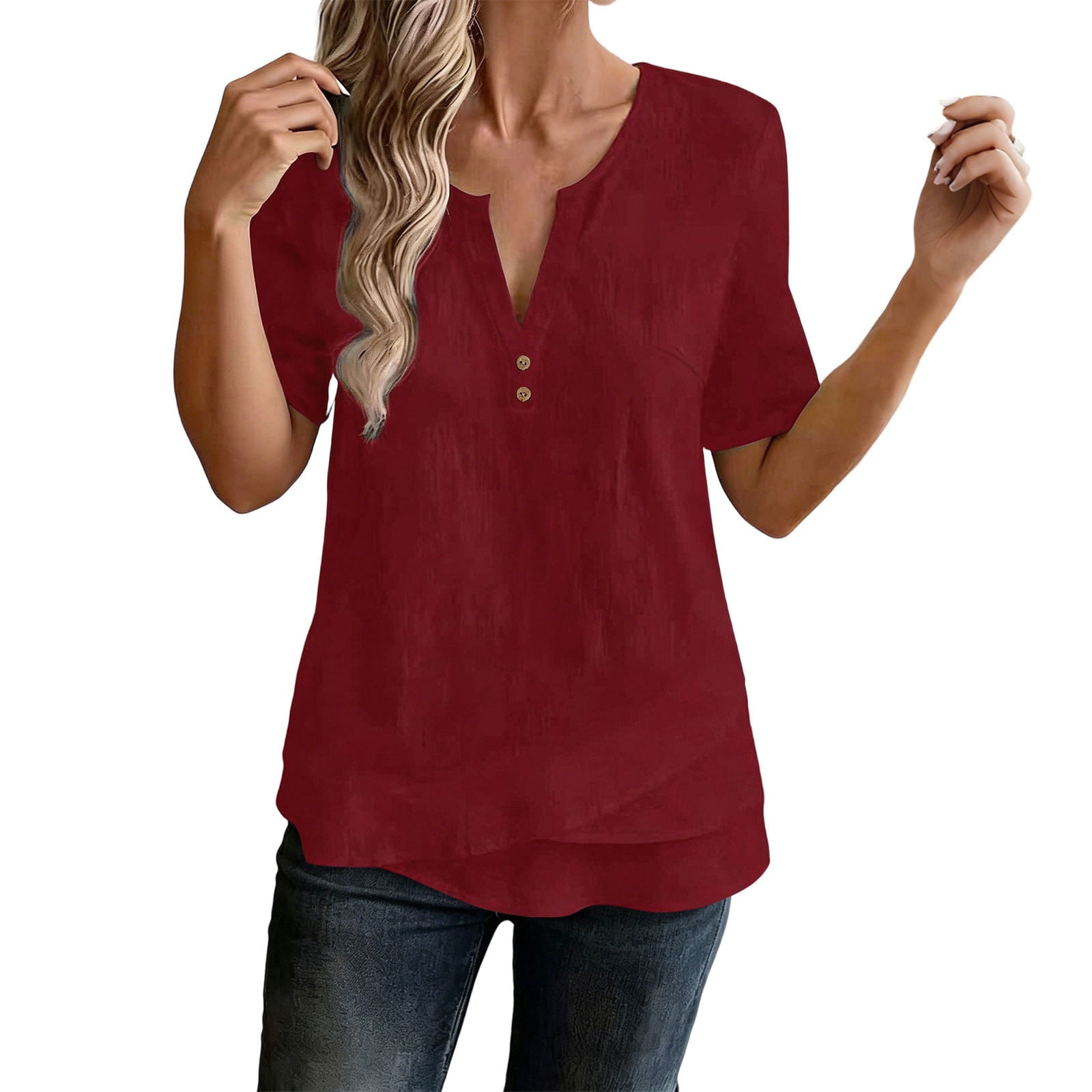 Asgosdo Womens Tops Half Sleeve Tiered Ruffle Hem Button Decor Shirts ...