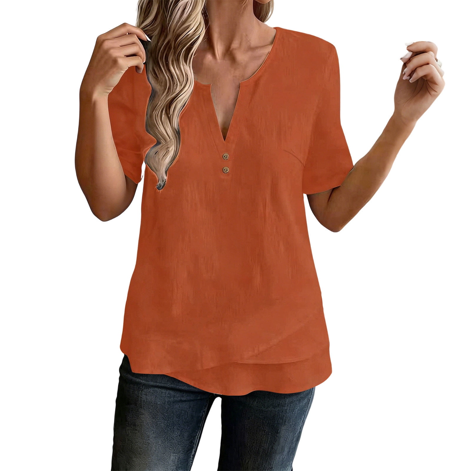 Asgosdo Womens Tops Half Sleeve Tiered Ruffle Hem Button Decor Shirts ...
