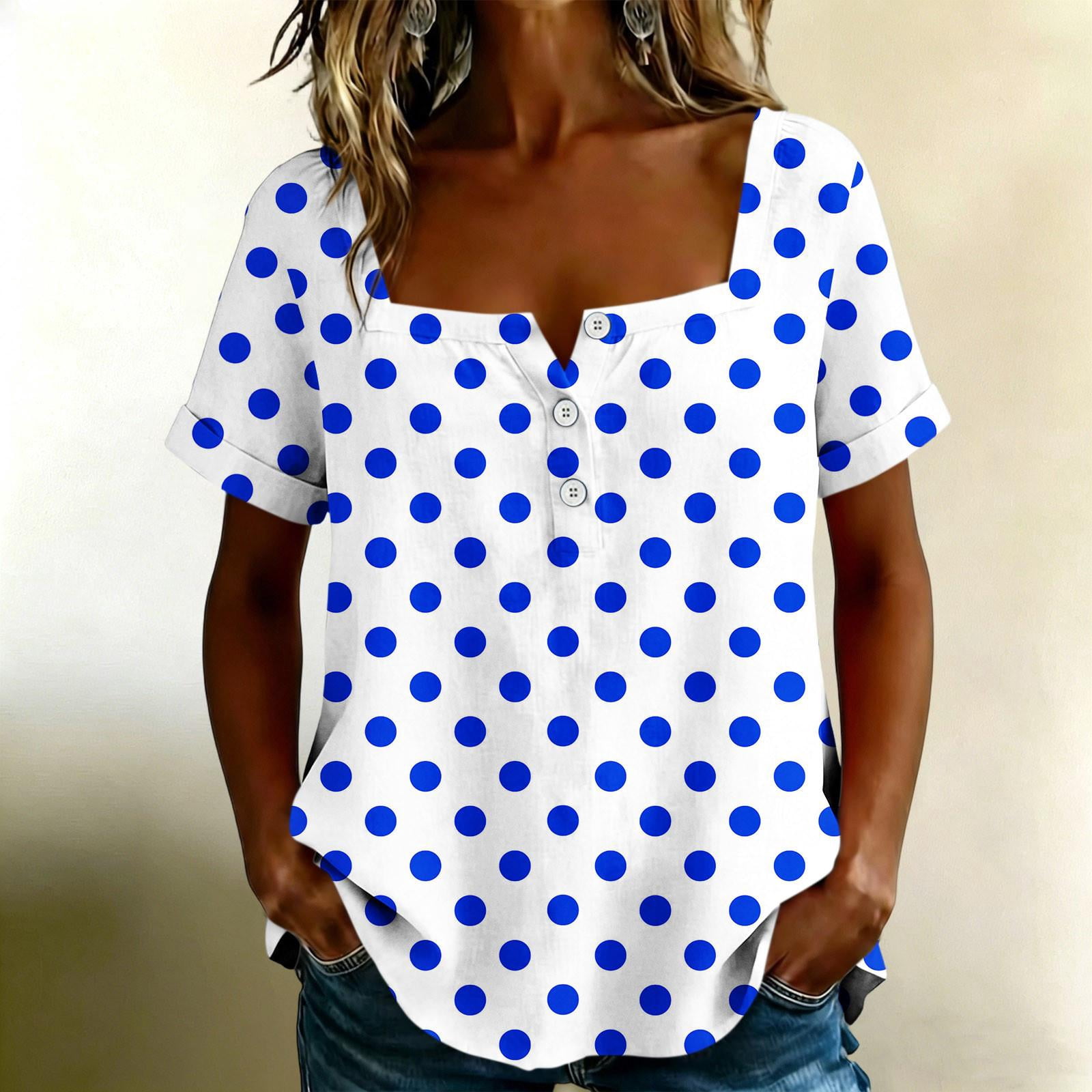 Asgosdo Womens Tops Square Neck Short Sleeve Polka Dot Button Loose Fit ...